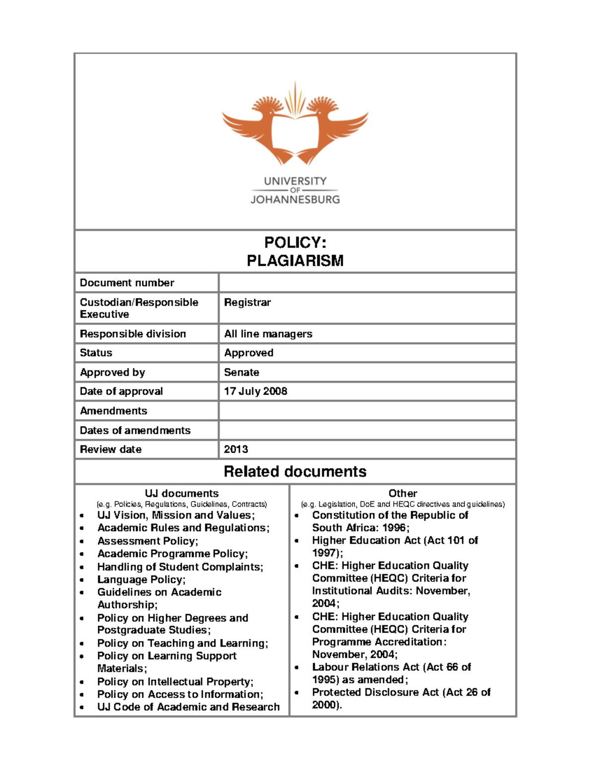 Plagiarism Policy - plagarism - POLICY: PLAGIARISM Document number ...
