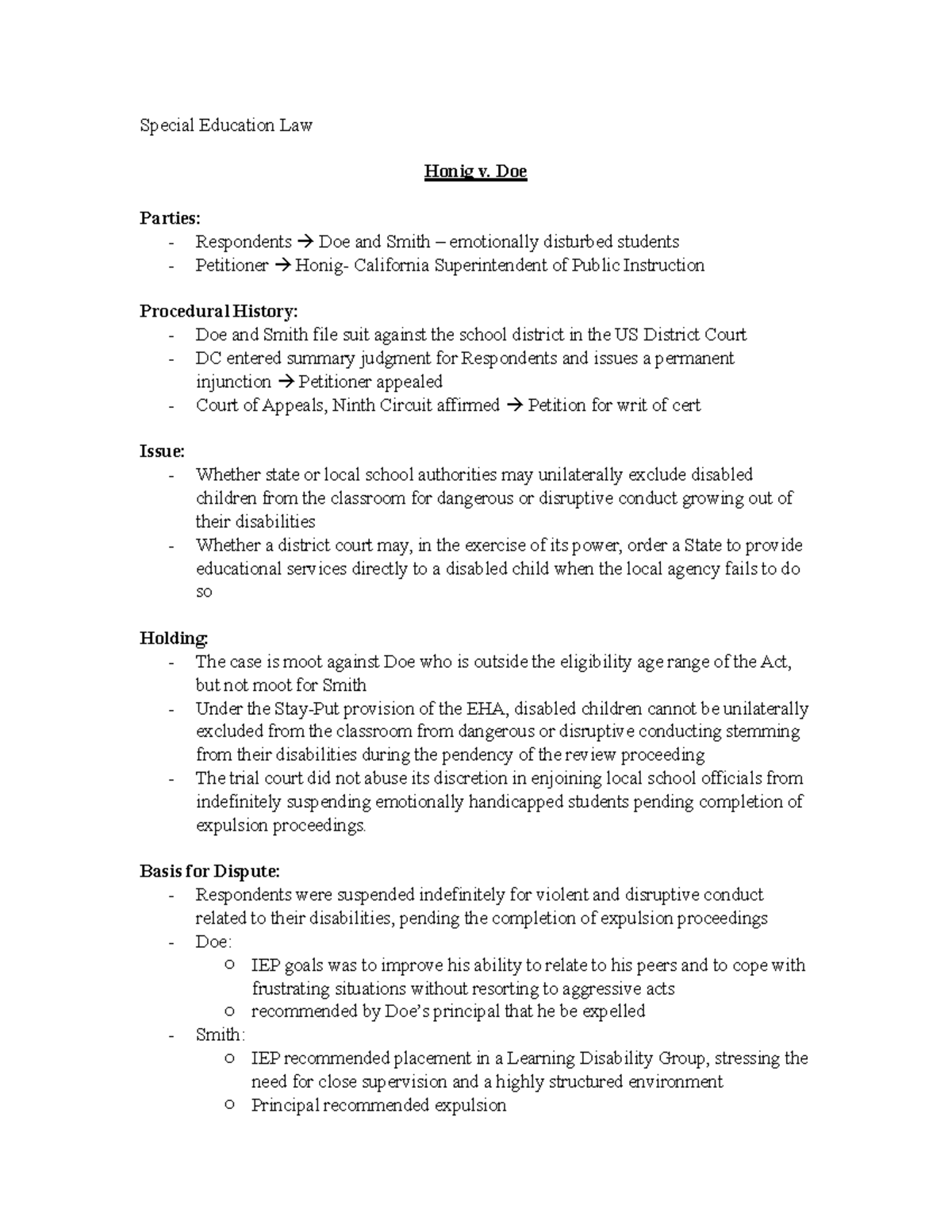 Honig v. Doe Case Brief and Notes - Special Education Law Honig v. Doe ...