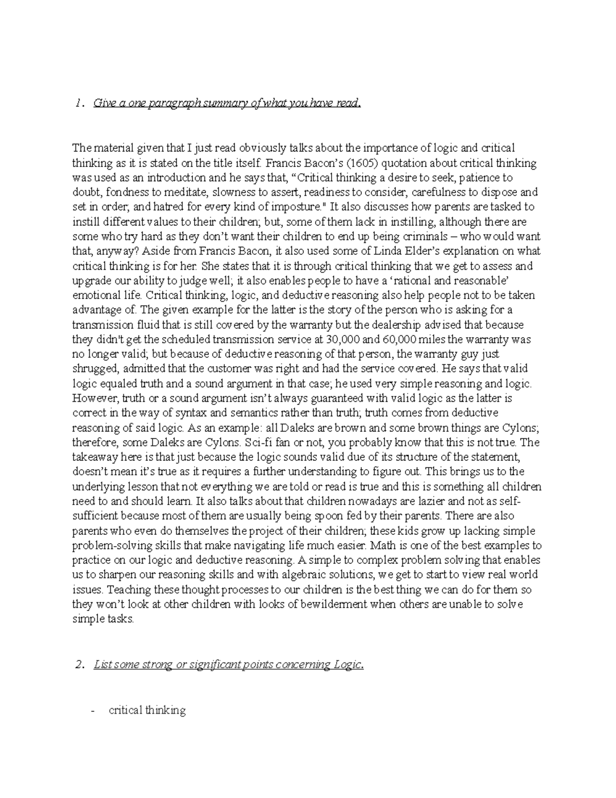 1st activity - comment about critical thinking - 1. Give a one ...