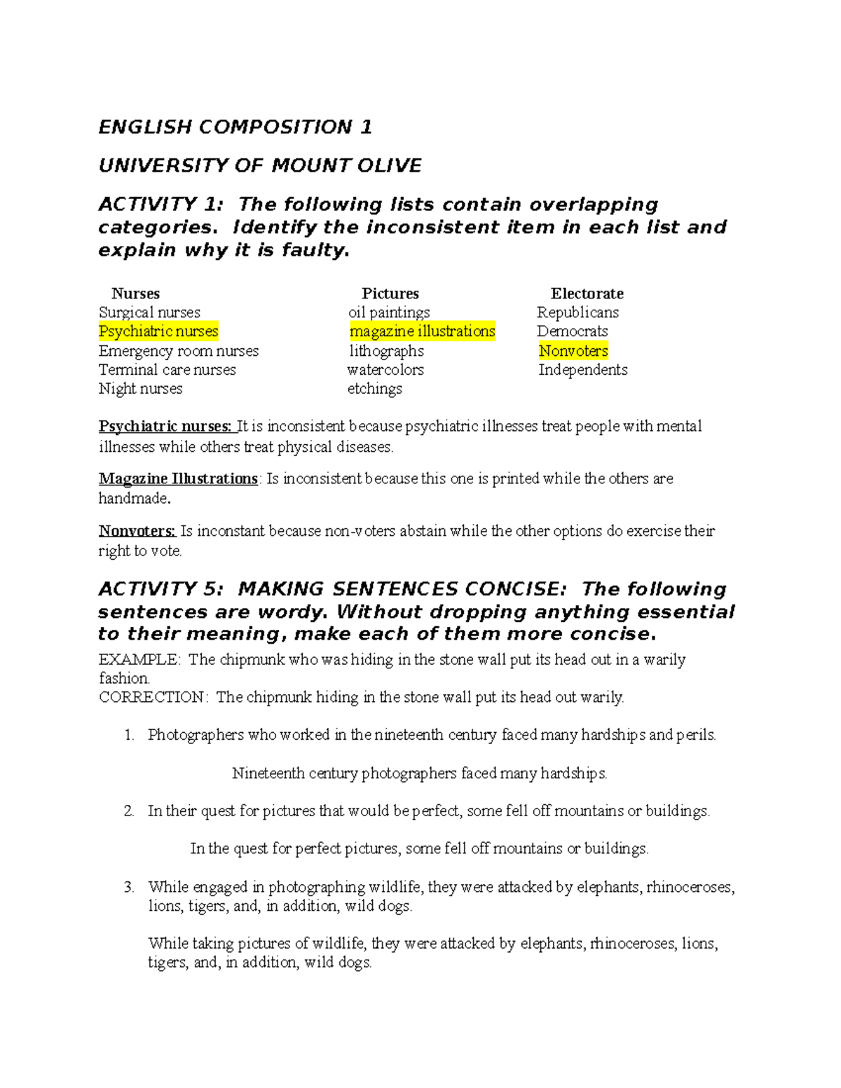 Activity 1, 5, 6 - ENGLISH COMPOSITION 1 UNIVERSITY OF MOUNT OLIVE ...