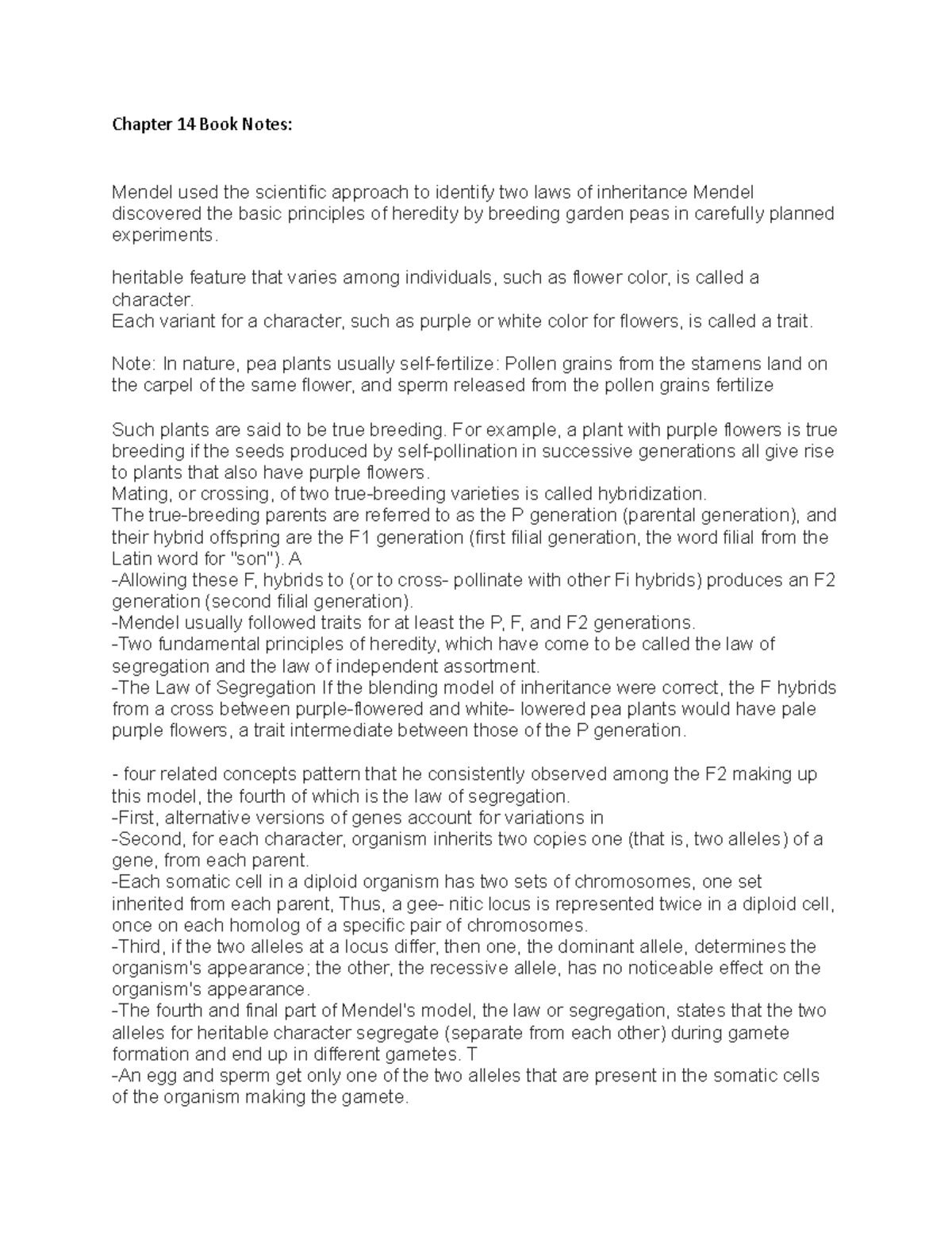 Chapter 14 Book Notes - Chapter 14 Book Notes: Mendel used the ...