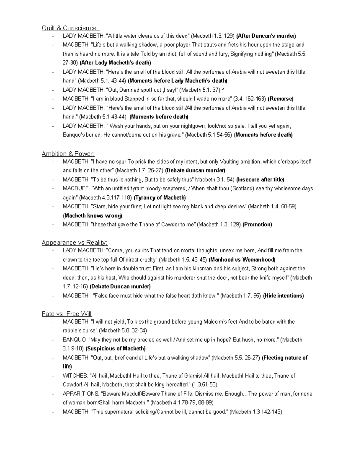 Macbeth Final Exam Quotes - Guilt & Conscience: - LADY MACBETH: “A ...