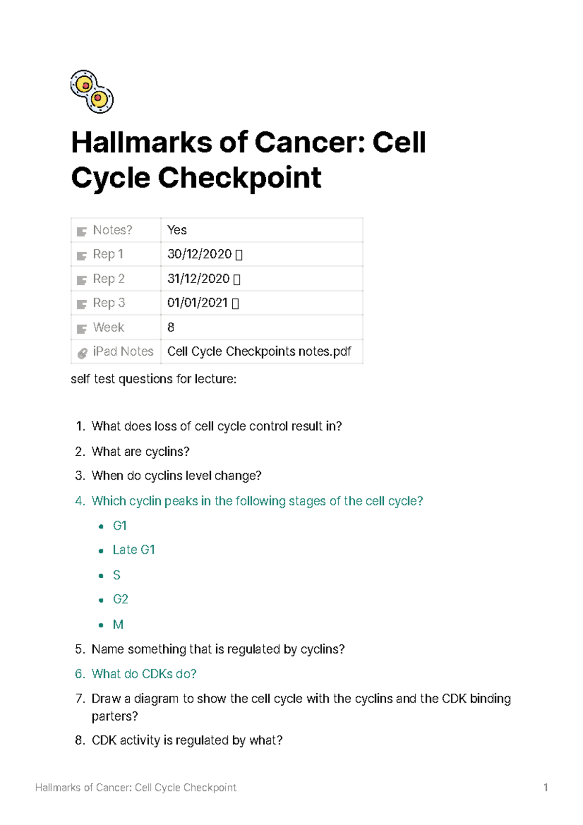 Hallmarks of Cancer Cell Cycle Checkpoint - Studocu