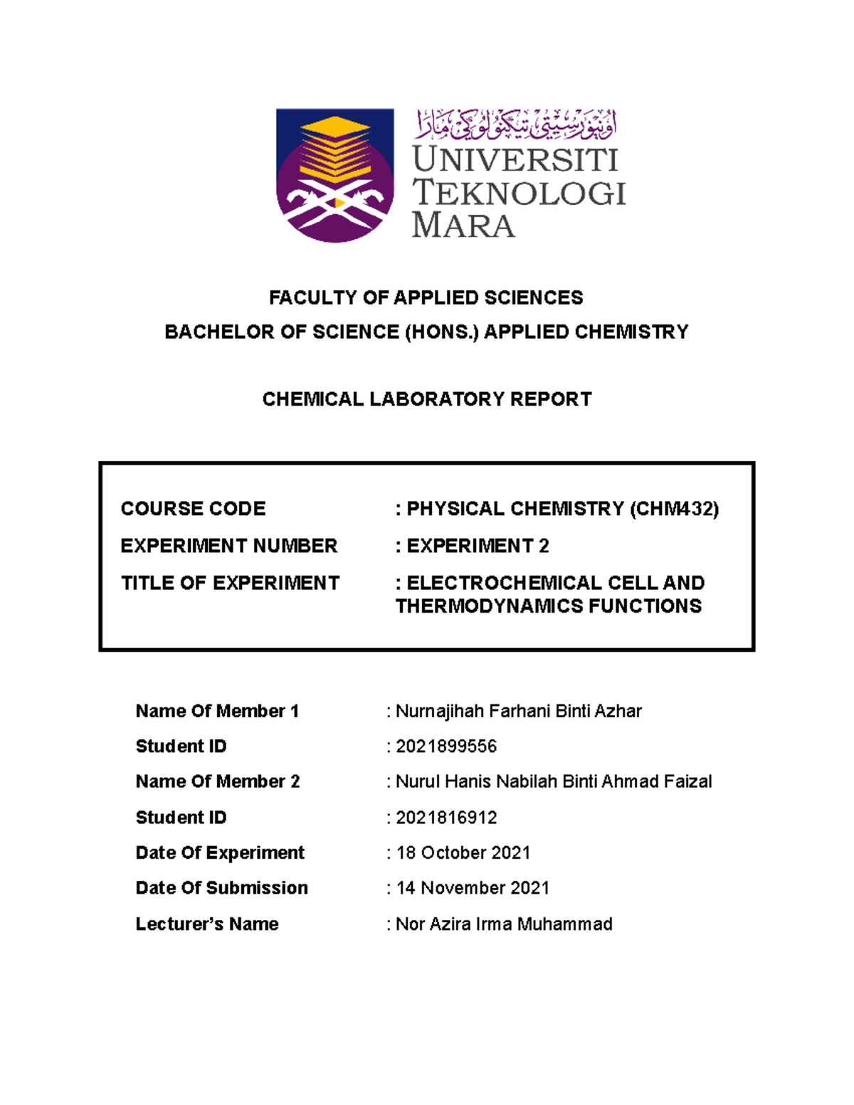 LAB Report OF Electrochemical CELL AND Thermodynamics Functions (CHM432 ...