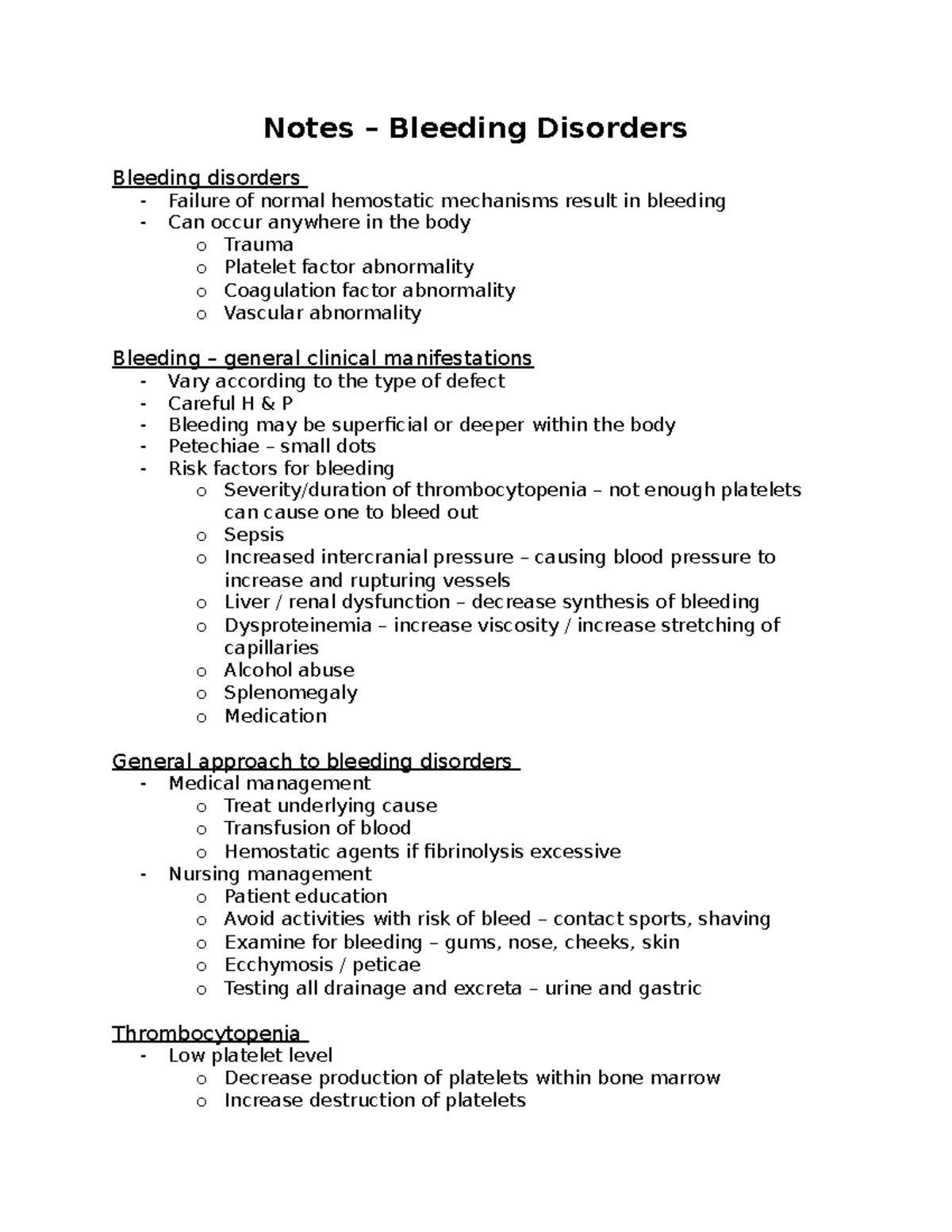 Notes - T1 . Bleeding Disorder - Notes – Bleeding Disorders Bleeding ...