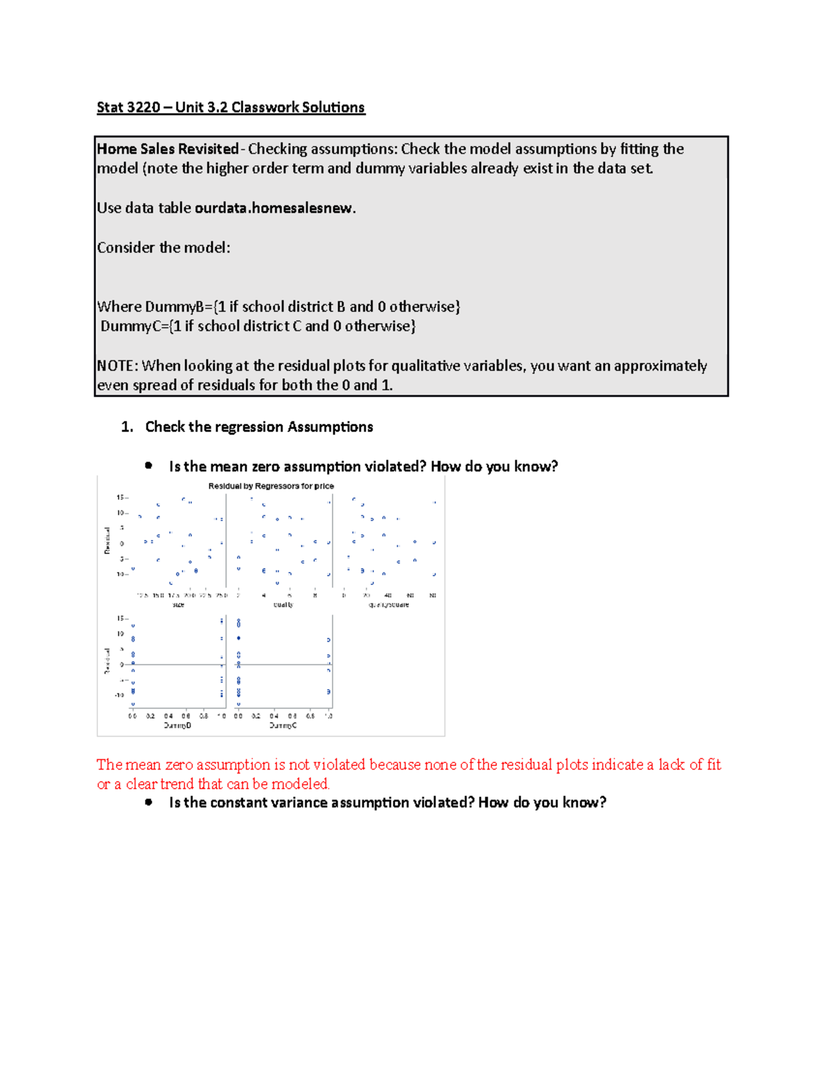 3.2-3.4 Assignment Solutions - Stat 3220 – Unit 3 Classwork Solutions Home Sales Revisited ...