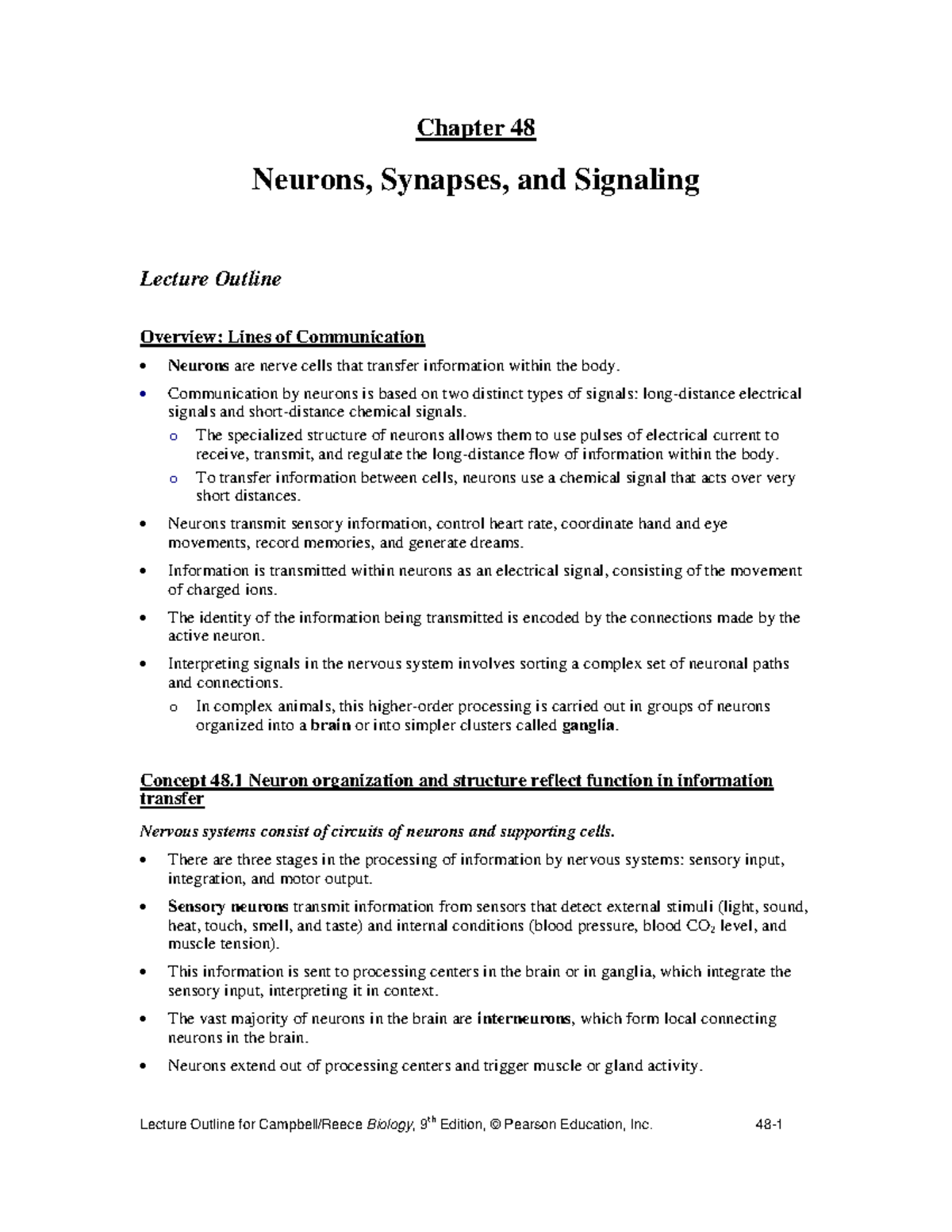 48 Detail Lecture Outline Neurons, Synapses, and Signaling - Classical Mechanics - Studocu