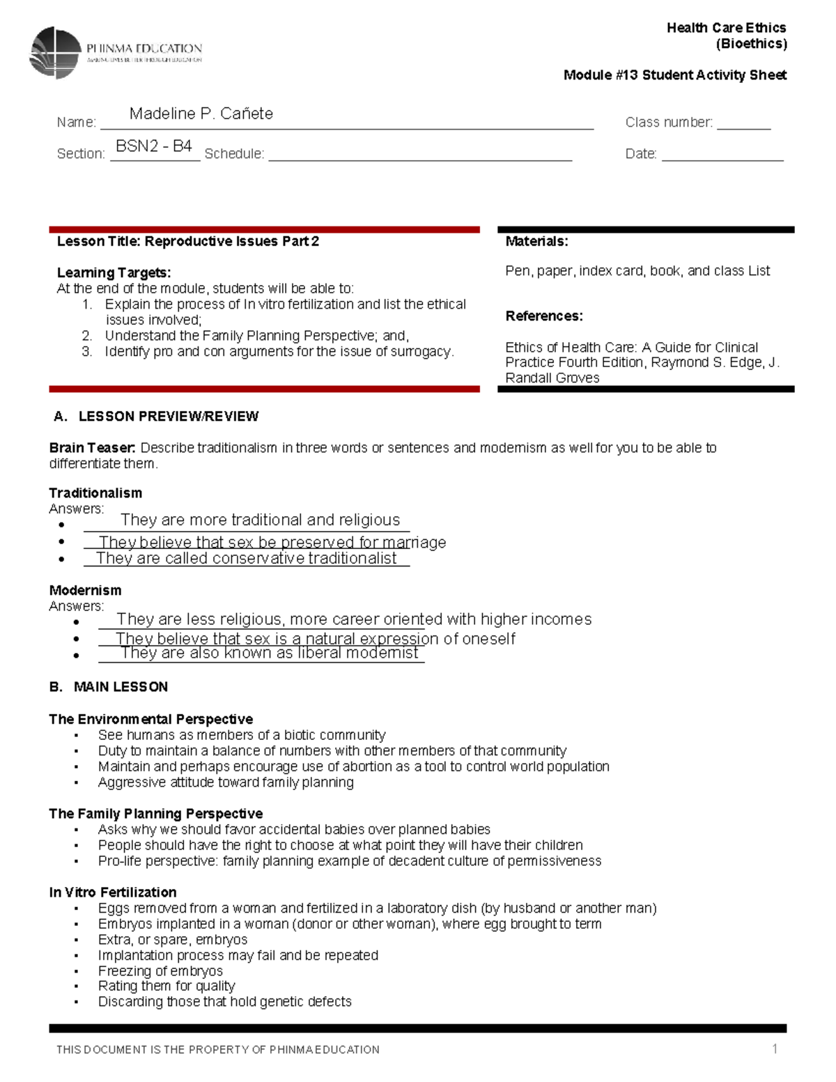Bioethics Session 13 SAS - (Bioethics) Module #13 Student Activity ...