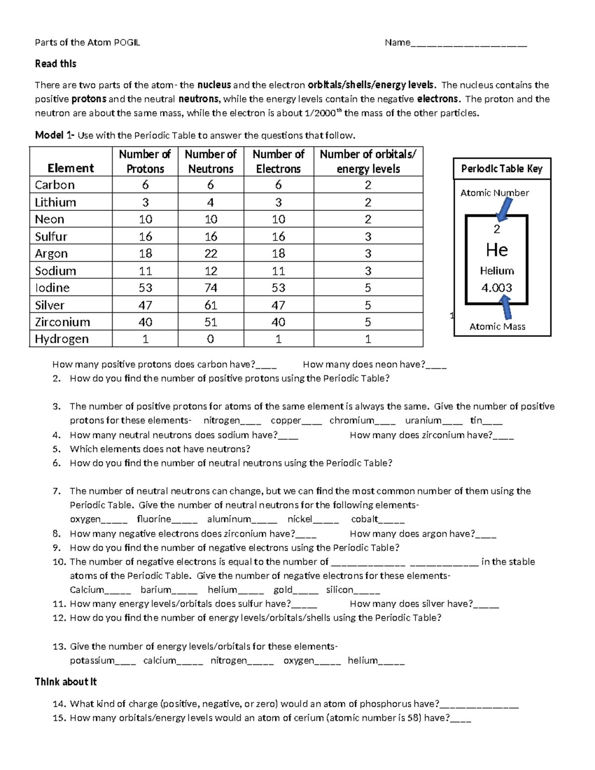 Parts of the Atom Pogilname - Parts of the Atom POGIL Name ...