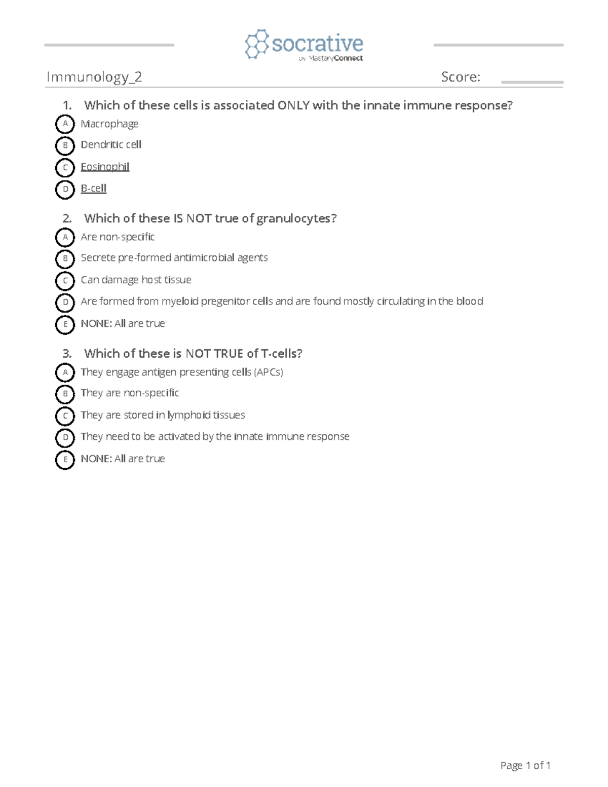 Practice Immuno Quiz 2 Immunology 2 1 Which Of These Cells Is