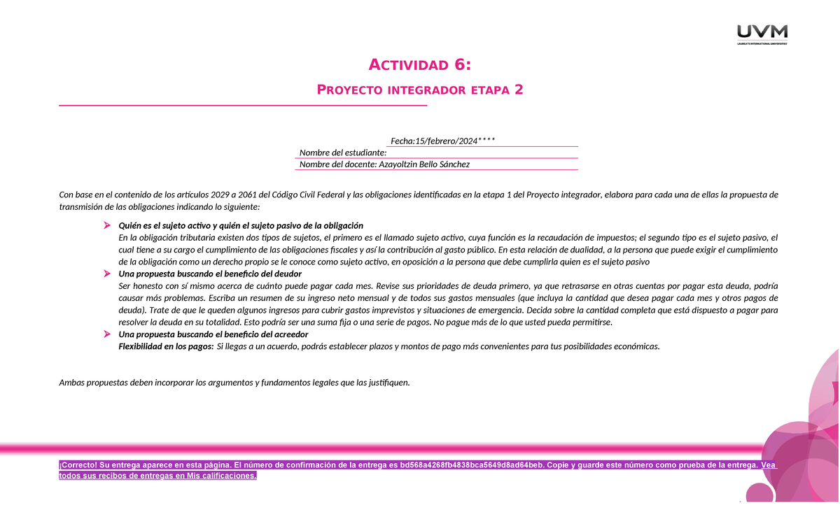 Actividad 6 integrador 2 - ACTIVIDAD 6: PROYECTO INTEGRADOR ETAPA 2 Fecha:15/febrero/2024 ...