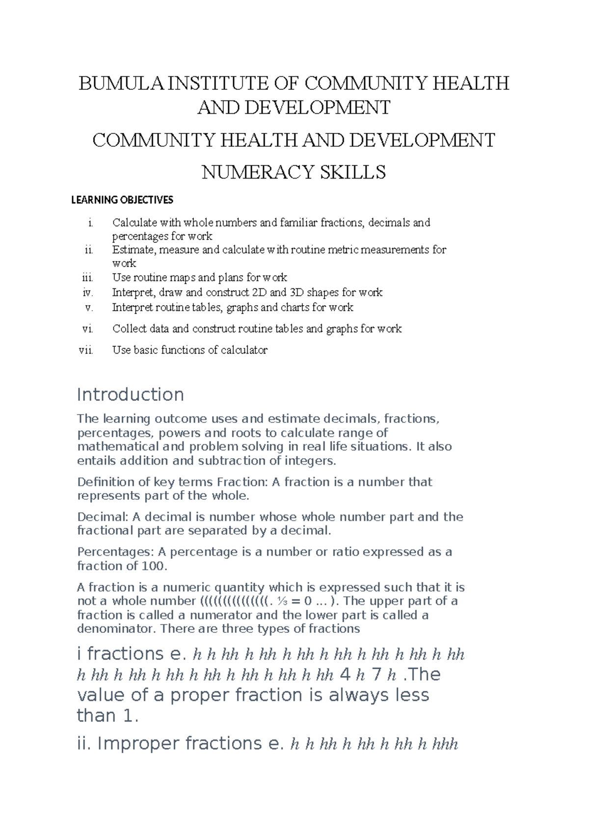 Numeracy skills - BUMULA INSTITUTE OF COMMUNITY HEALTH AND DEVELOPMENT ...