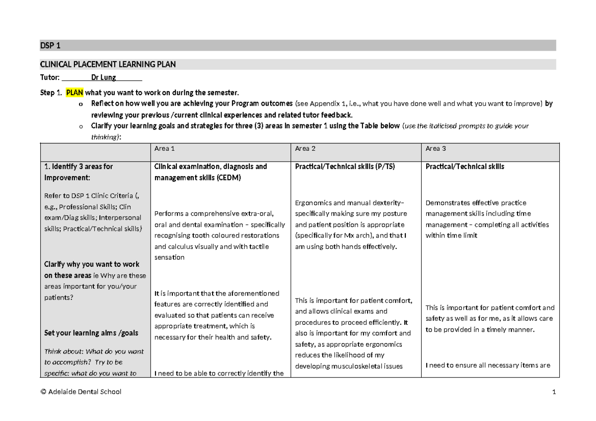 Clinical Learning Plan - Resubmission - DSP 1 CLINICAL PLACEMENT ...