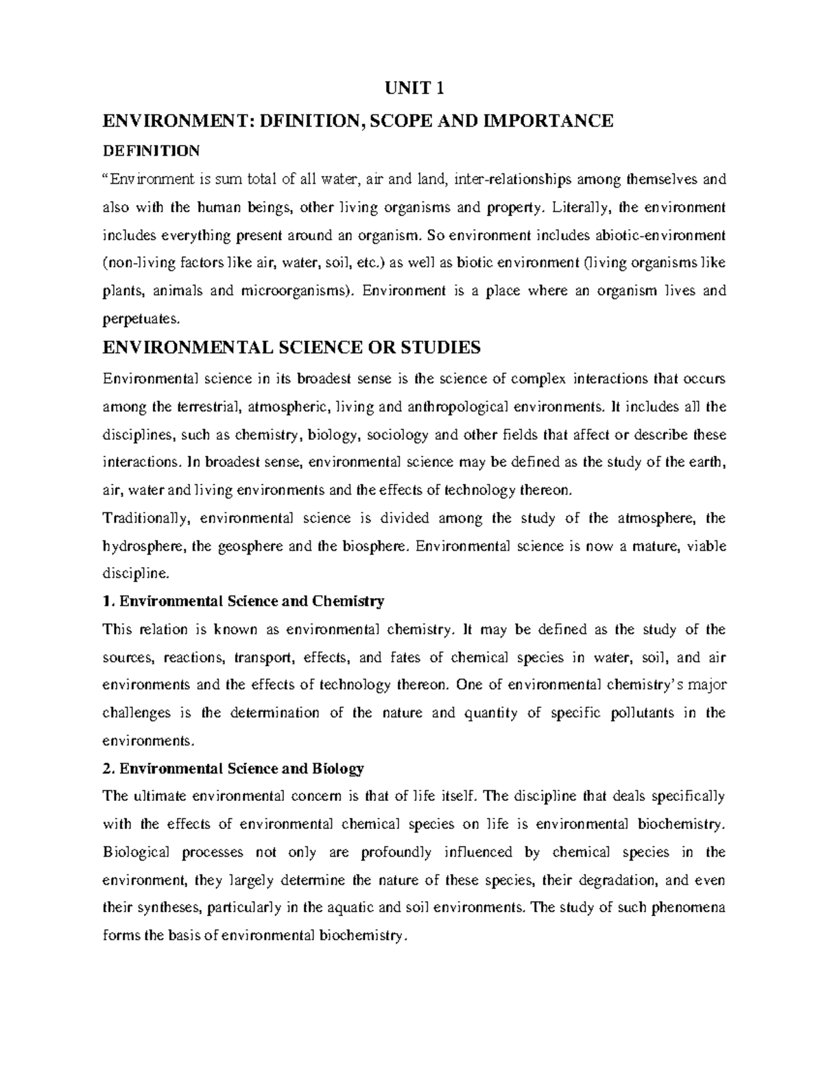 EVS istsem 1 - BG ist semester EVS part 1 - UNIT 1 ENVIRONMENT ...