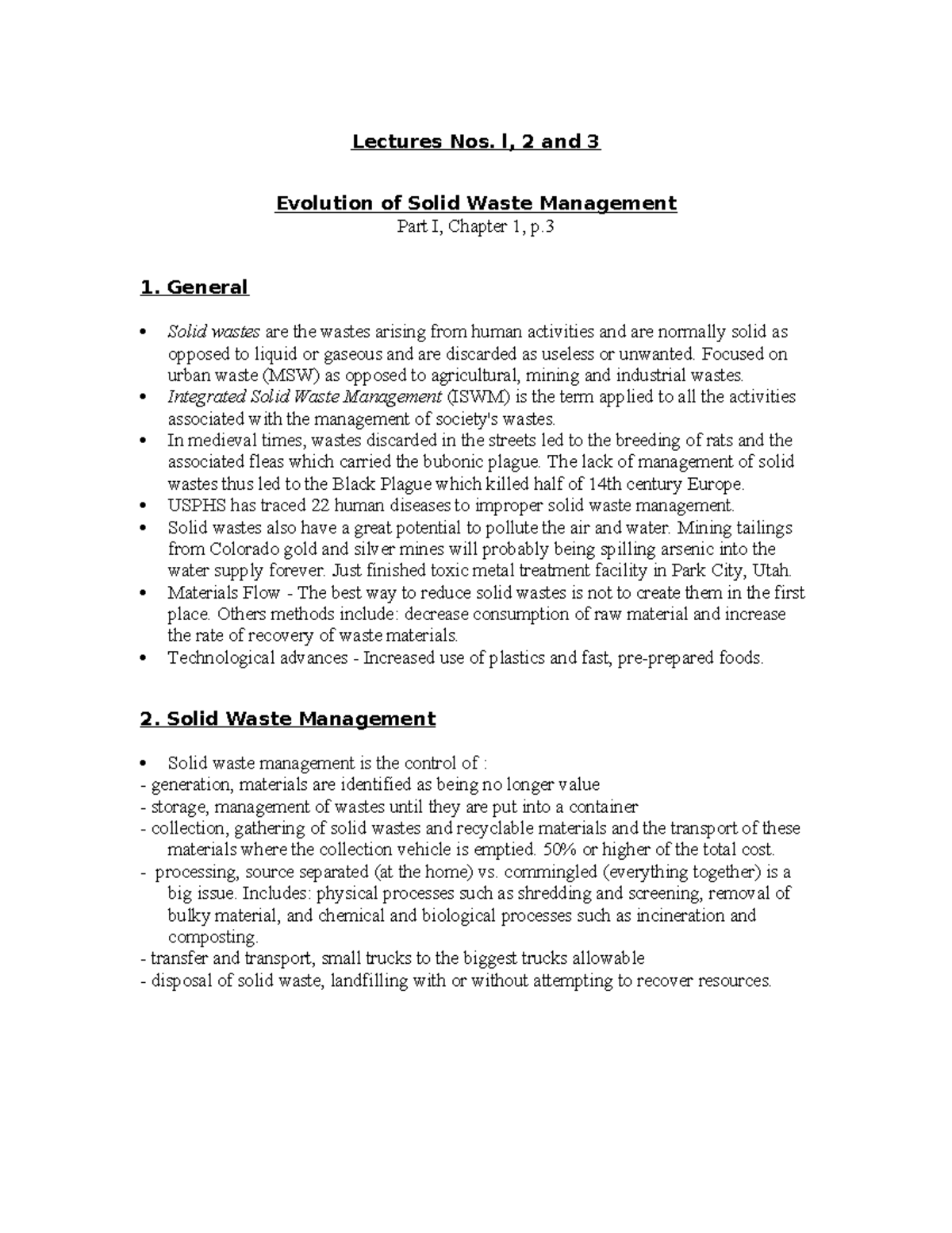 Evolution of Solid Waste Management - Lectures Nos. l, 2 and 3 ...