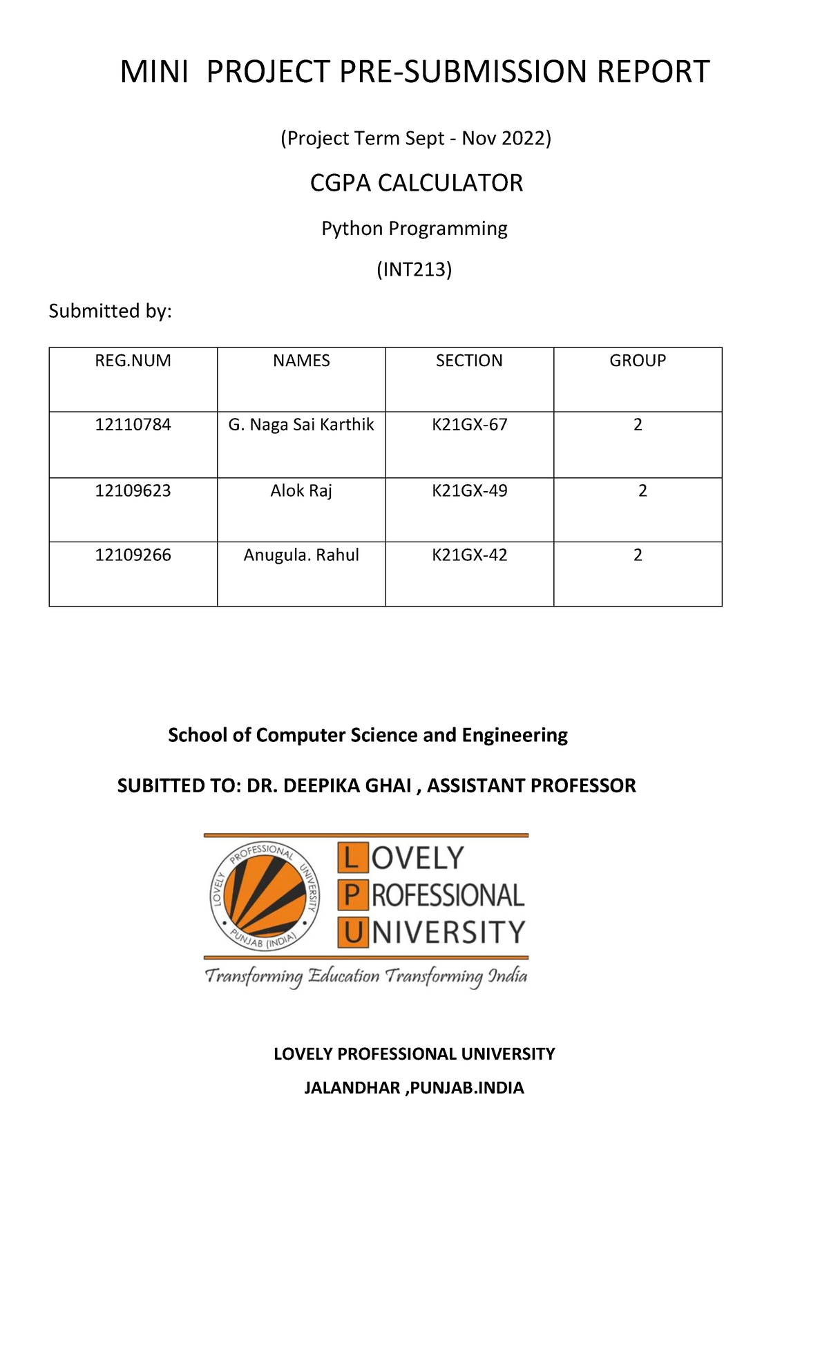 Mini Project Python Int213 Mini Project Pre Submission Report Project Term Sept Nov 2022 