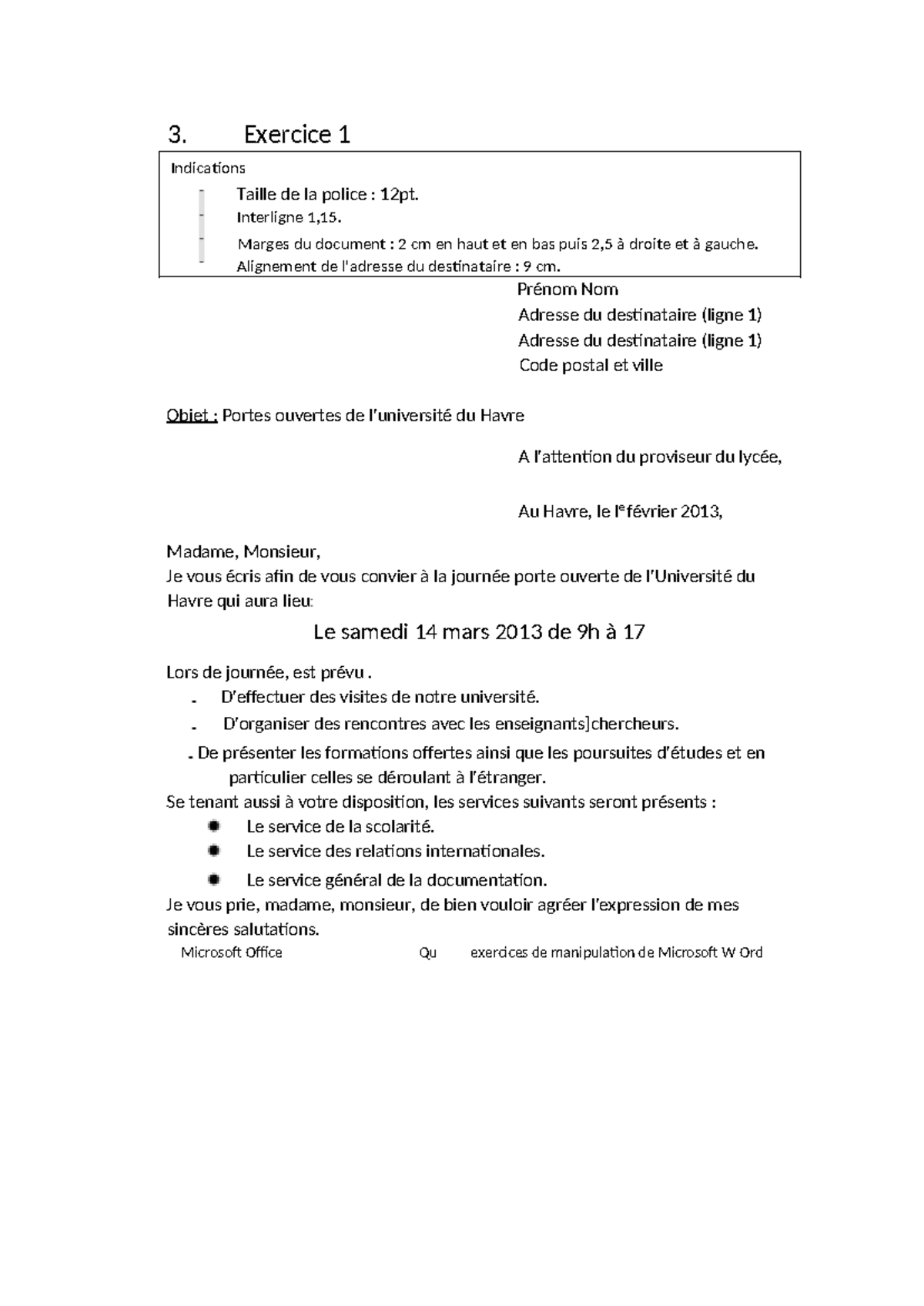 Exercices-Word - Droit - 3. Exercice 1 Indications Taille de la police ...