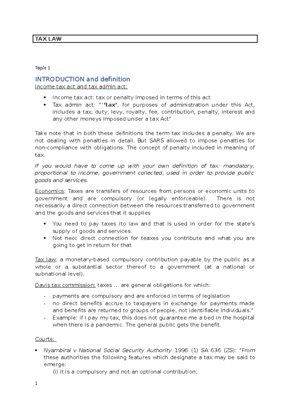 Tax Law Classnotes TAX LAW Topic 1 INTRODUCTION And Definition