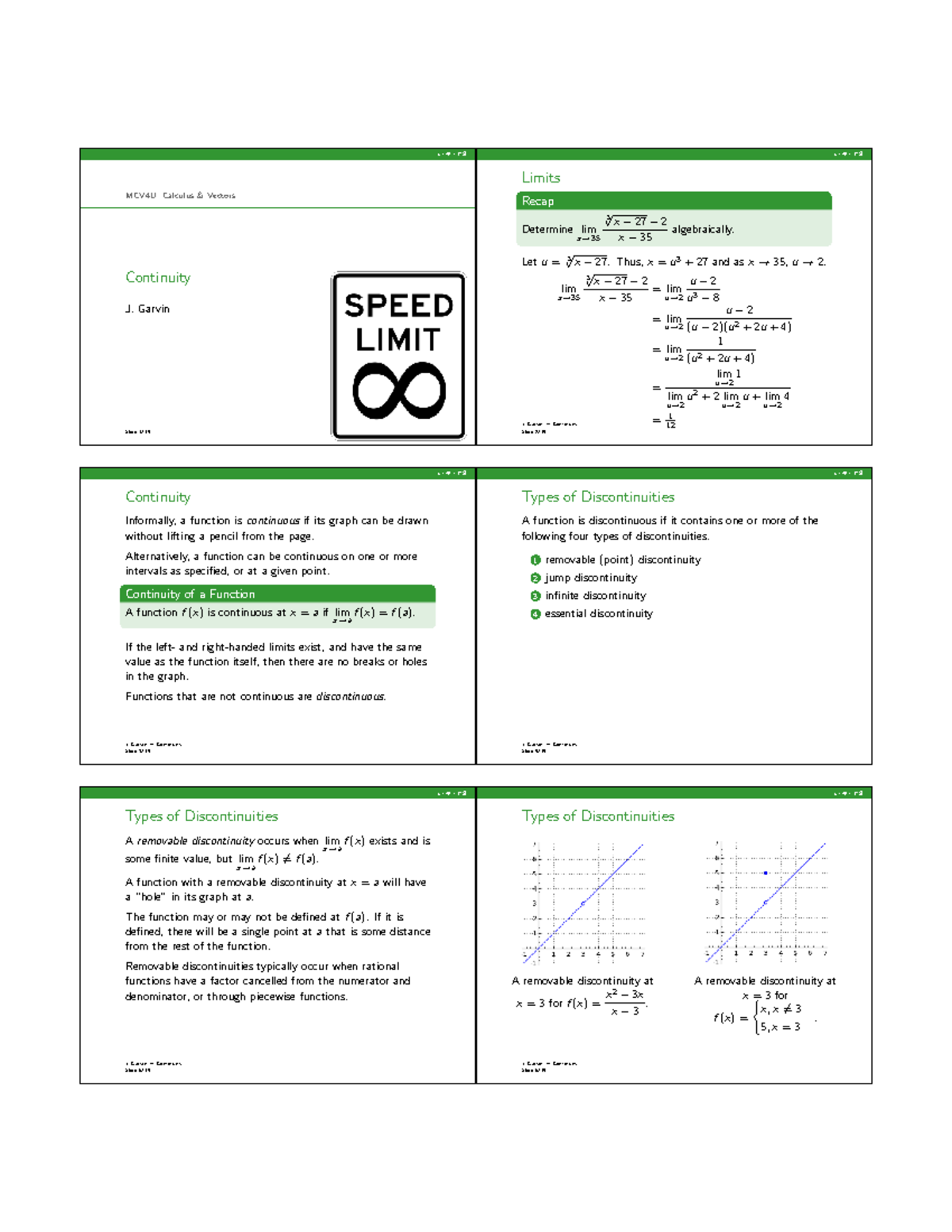 Continuity handout - continuitiyy - l i m i t s MCV4U: Calculus & Vectors Continuity J. Garvin ...