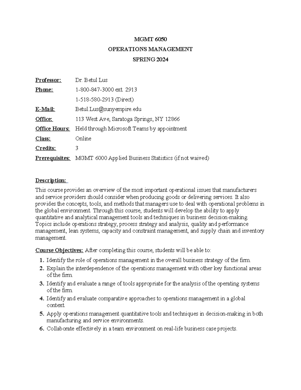 ESU Operations Management Syllabus - Spring 2024 - MGMT 6050 OPERATIONS ...