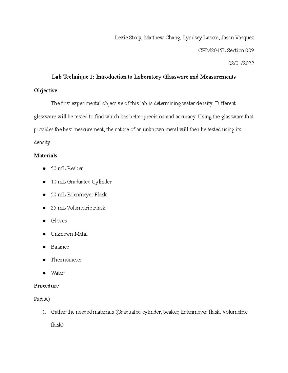CHM2045L Pre Lab #1 - Pre-lab 1 for first week of lab and first experiment - Lexie Story ...
