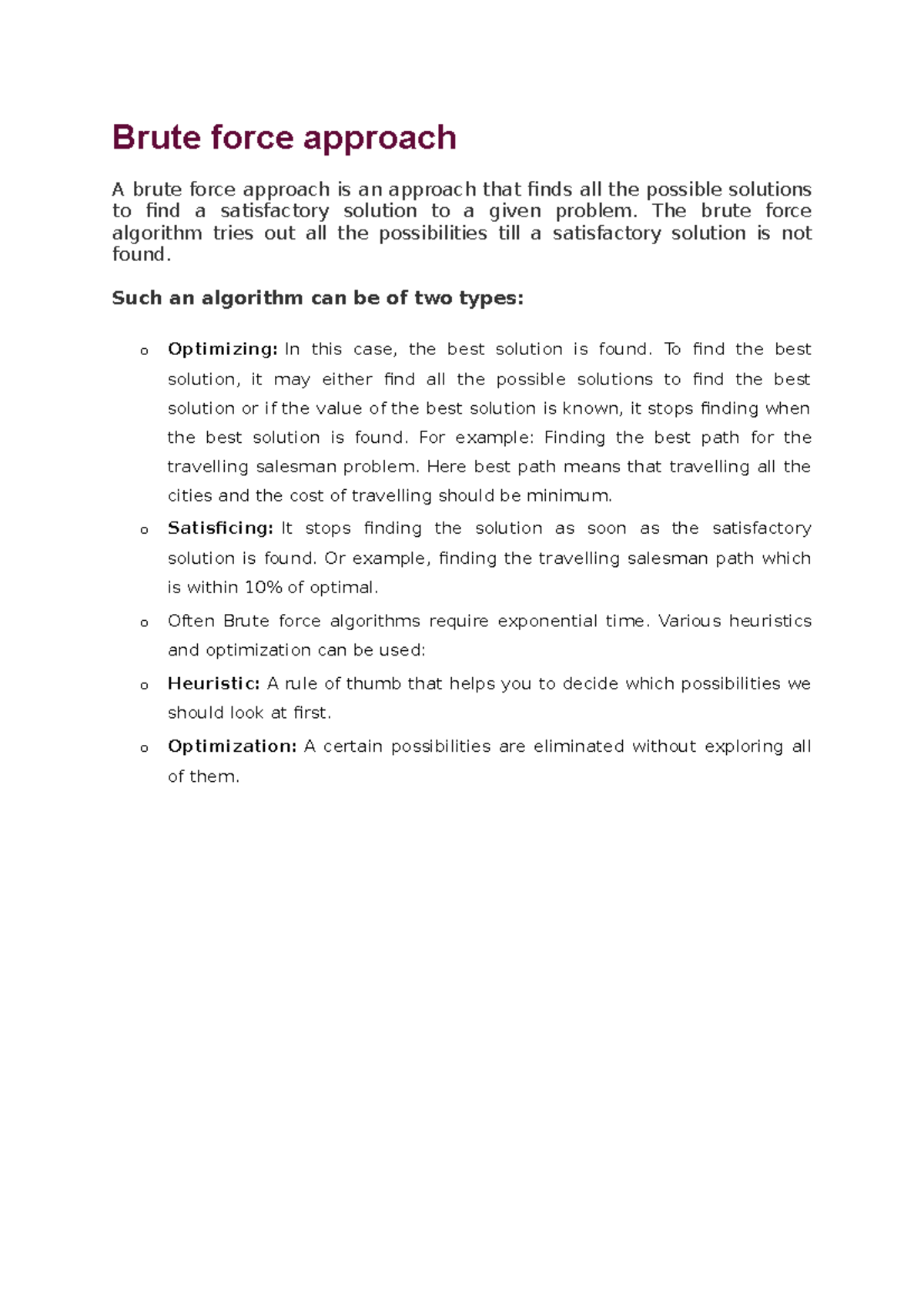 Applied Algorithm - Brute force approach A brute force approach is an ...