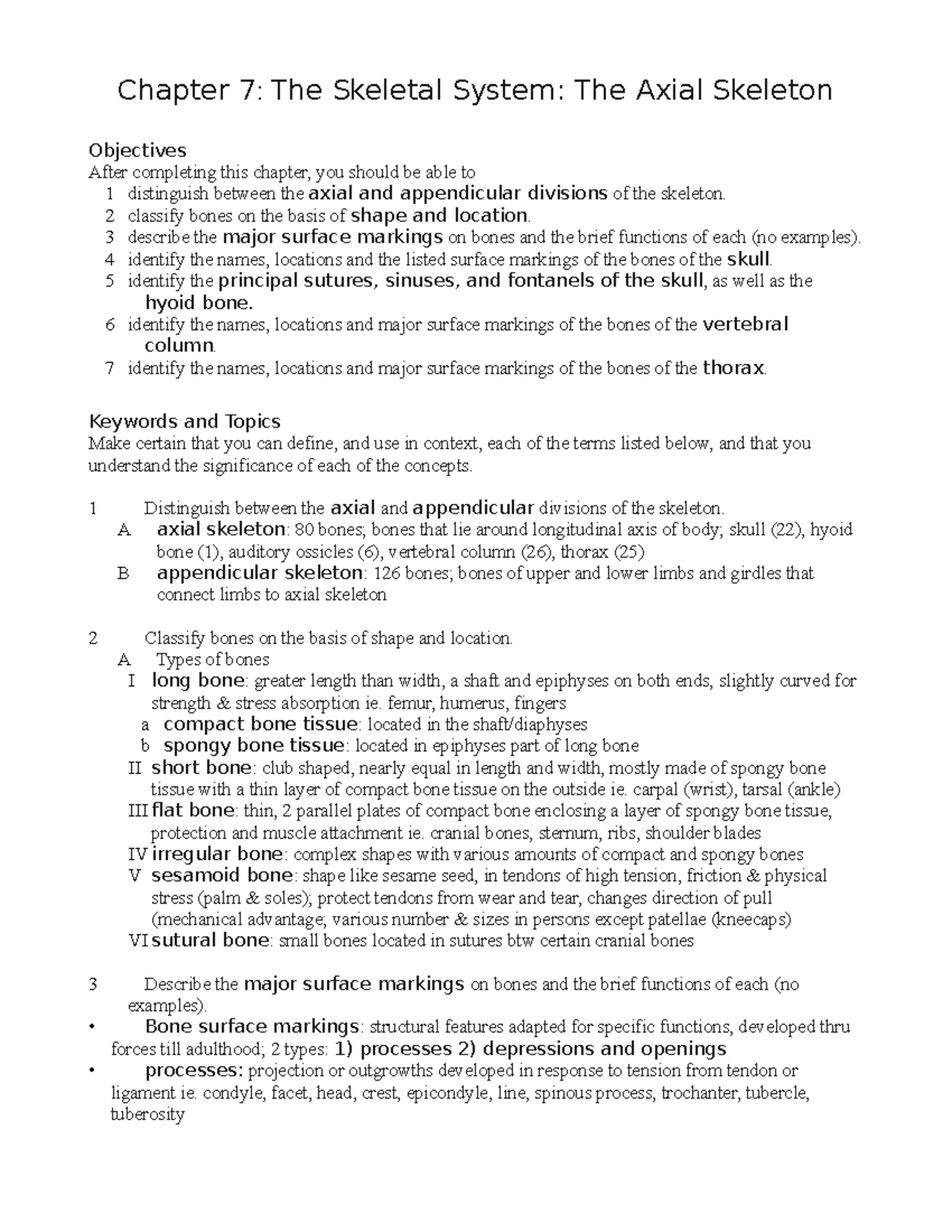 Bio chap 7 notes - Chapter 7: The Skeletal System: The Axial Skeleton ...