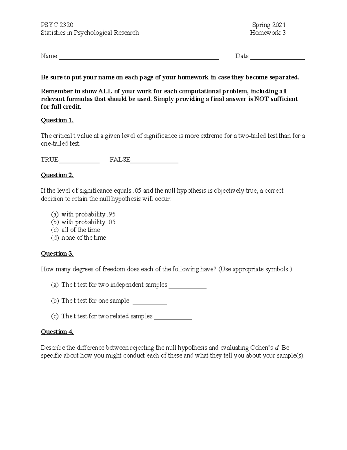 Homework 3 Outline - Statistics in Psychological Research Homework 3 ...