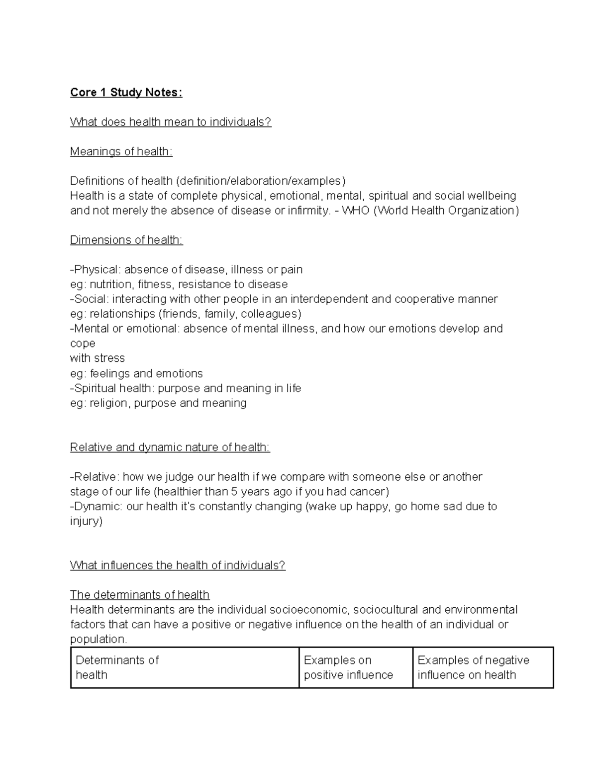 Core 1 better health - notes - Core 1 Study Notes: What does health ...