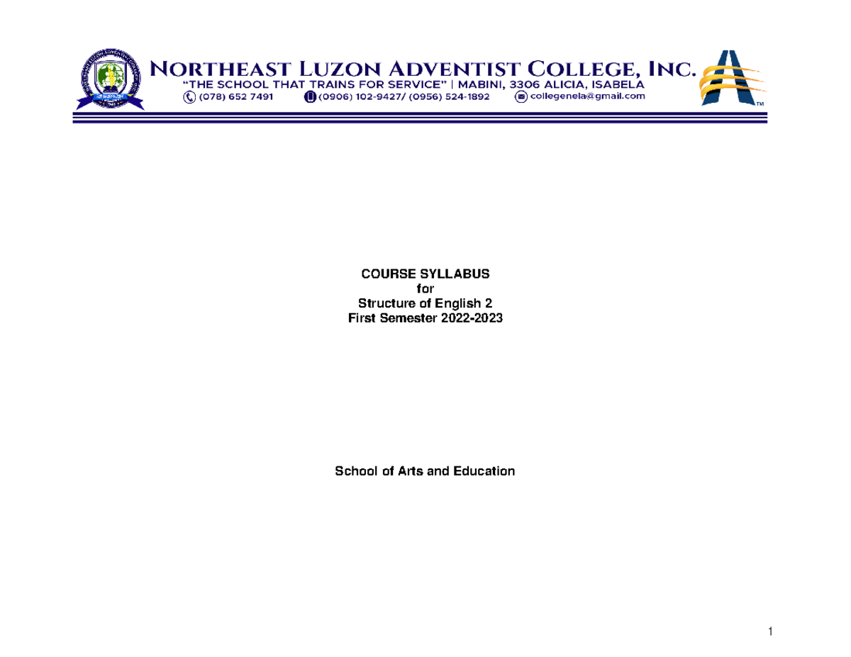 Syllabus in Structure OF English 2 (updated) - COURSE SYLLABUS for ...