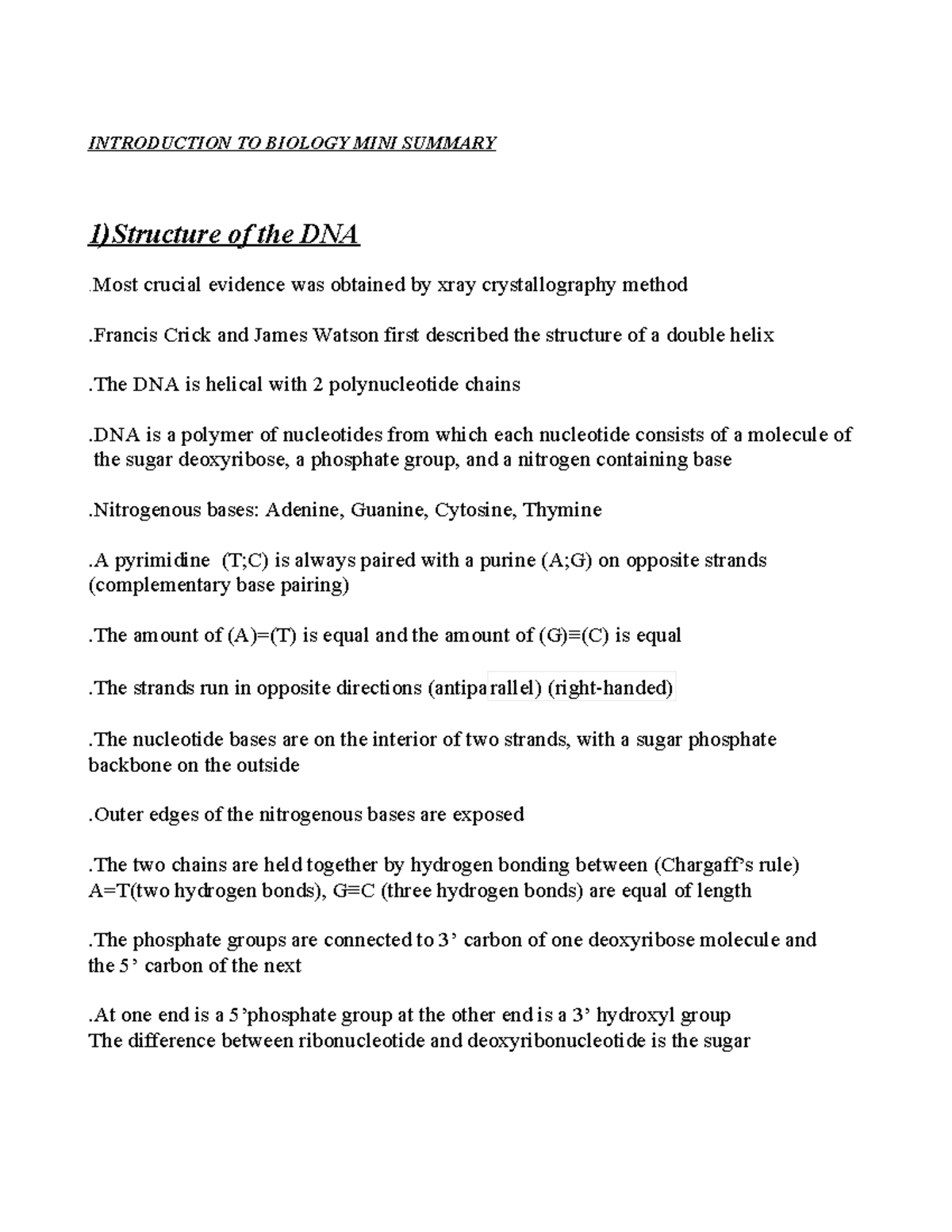 Biology MINI Summary - HELPFUL ! - INTRODUCTION TO BIOLOGY MINI SUMMARY ...
