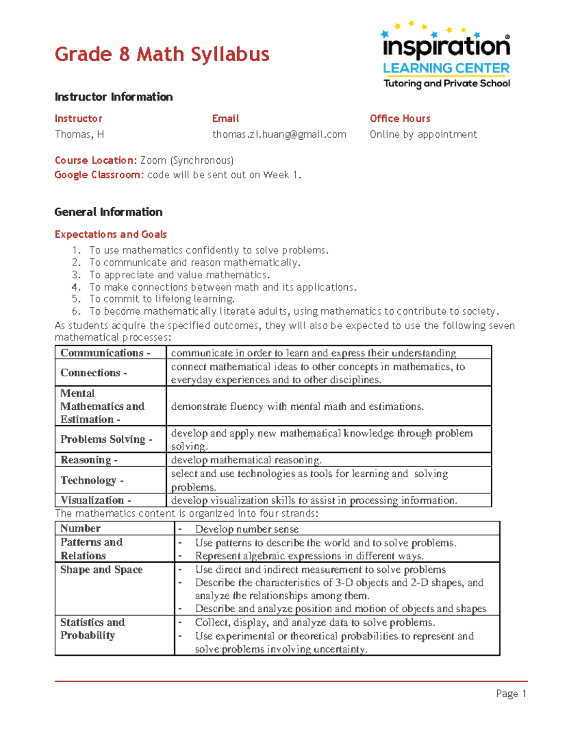 Grade 8 Math Course Outline - Page 1 Grade 8 Math Syllabus Instructor ...