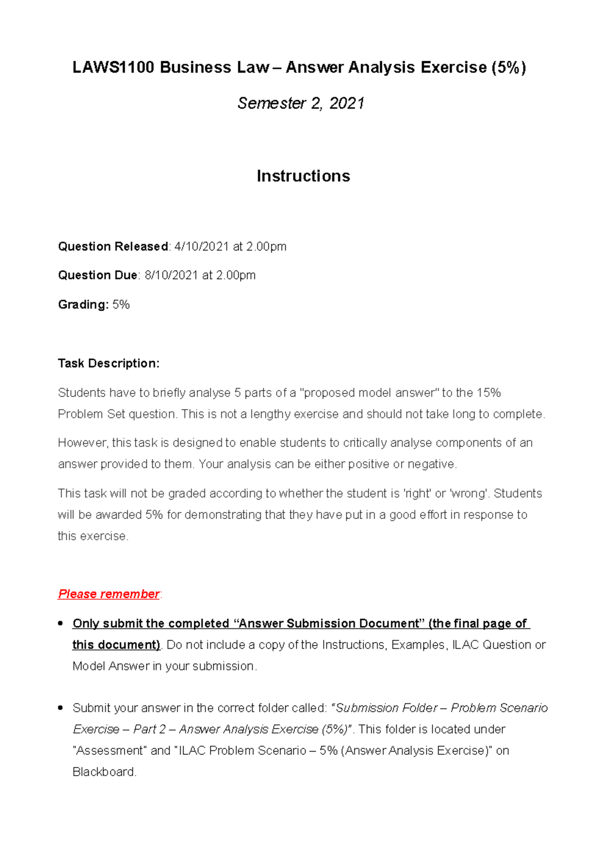 Problem Set Scenario - Answer Analysis Exercise 5% - LAWS1100 - UQ ...