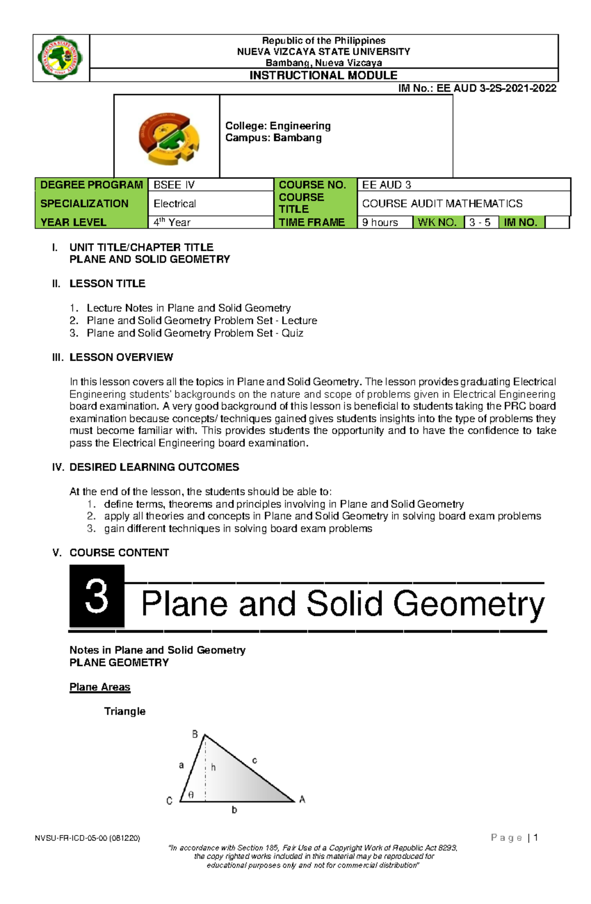 Plane and Solid Geometry Lecture - NUEVA VIZCAYA STATE UNIVERSITY Bambang, Nueva Vizcaya - Studocu