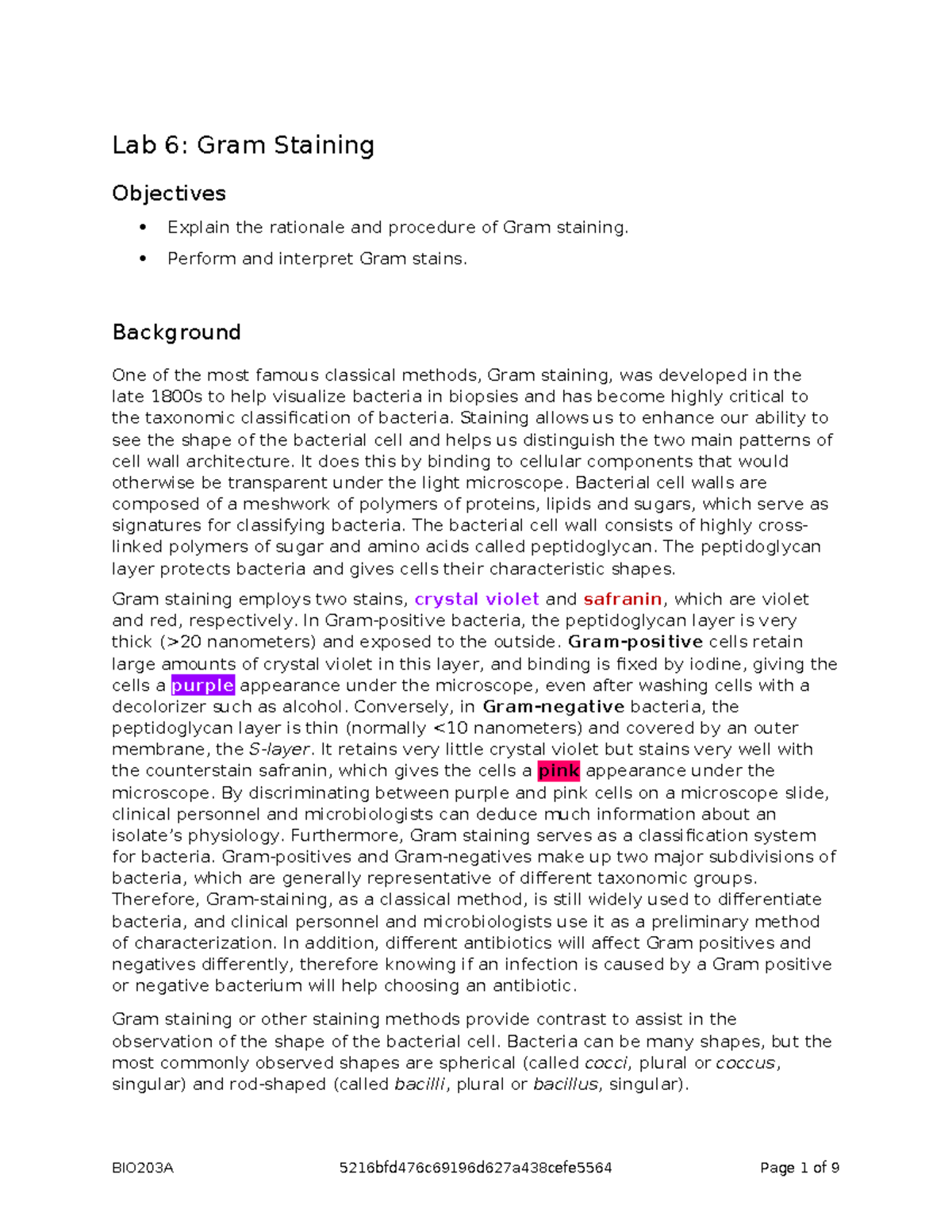 BIO203A M3 L6 Gram Staining - Lab 6: Gram Staining Objectives Explain ...