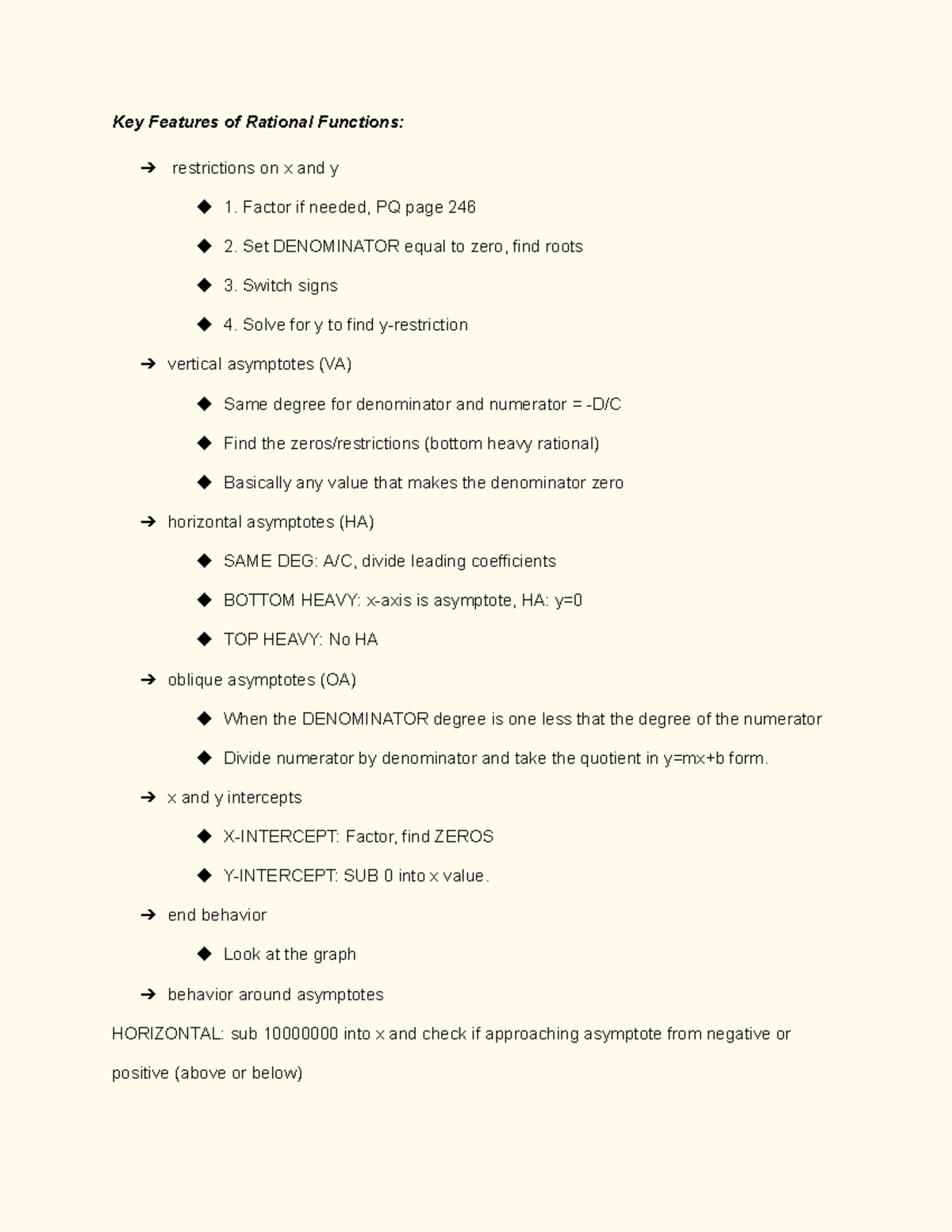 Key Features of Rational Functions - Factor if needed, PQ page 246 2 ...