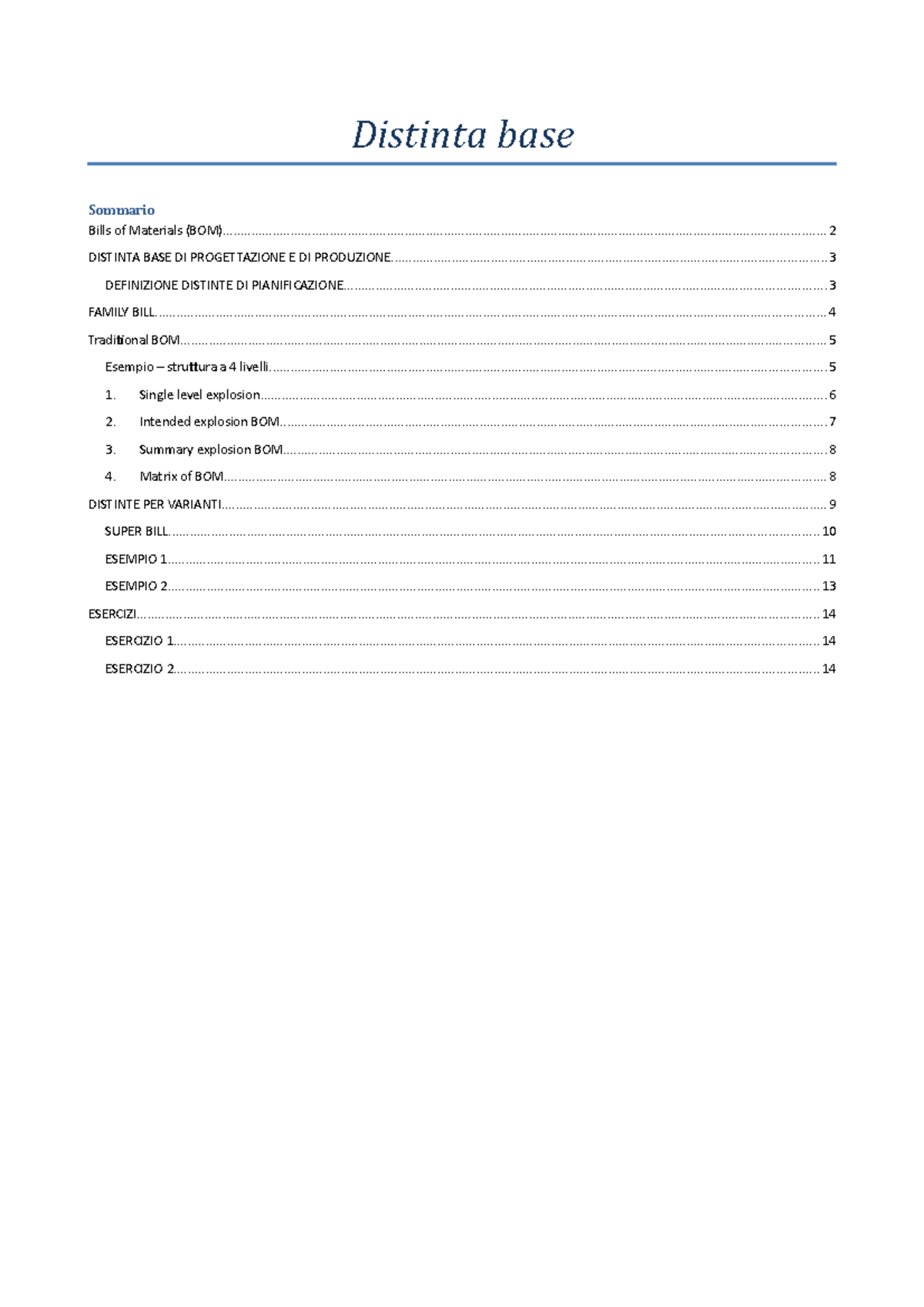 Distinta base definizione - Distinta base Bills of Materials - Studocu
