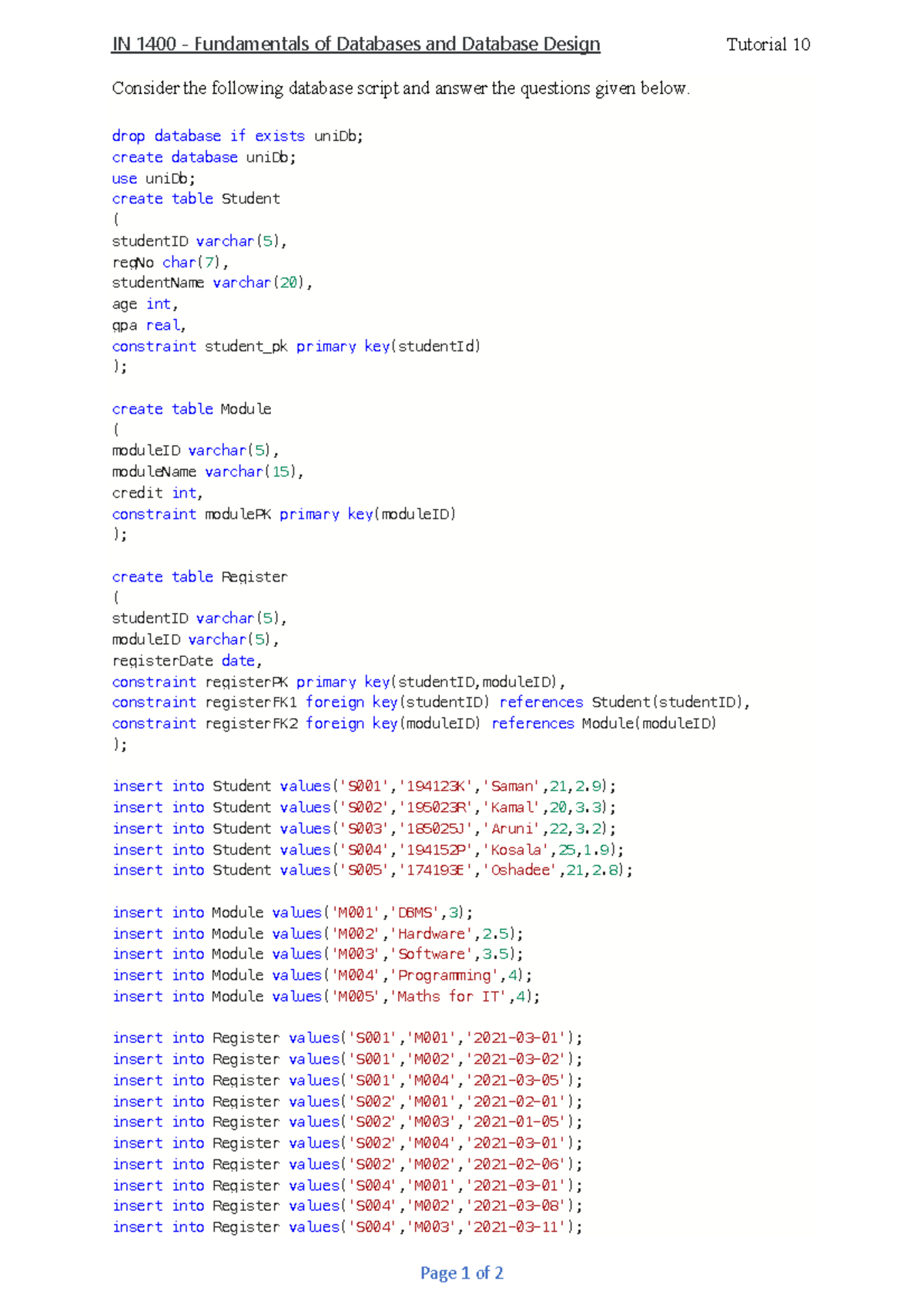 SQL-4 - SQL Part 4 - Exercise - IN 1400 - Fundamentals of Databases and ...