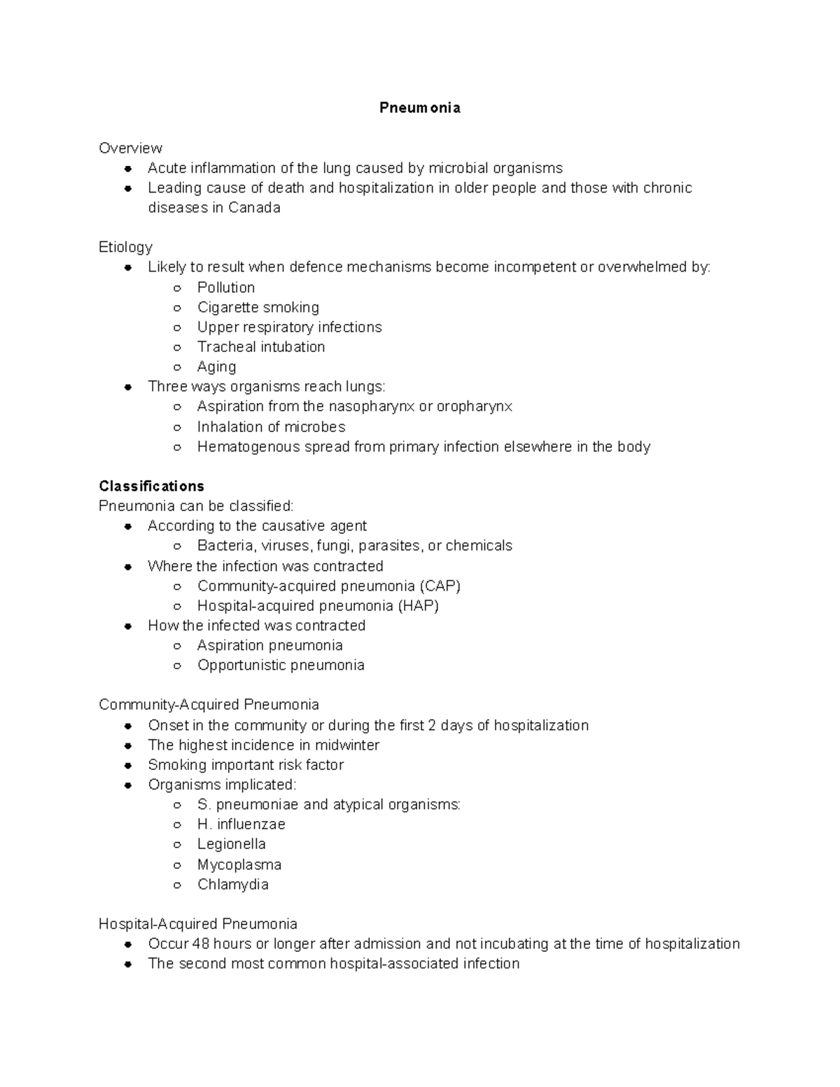 Pneumonia - Adult health 1 - Pneumonia Overview Acute inflammation of ...