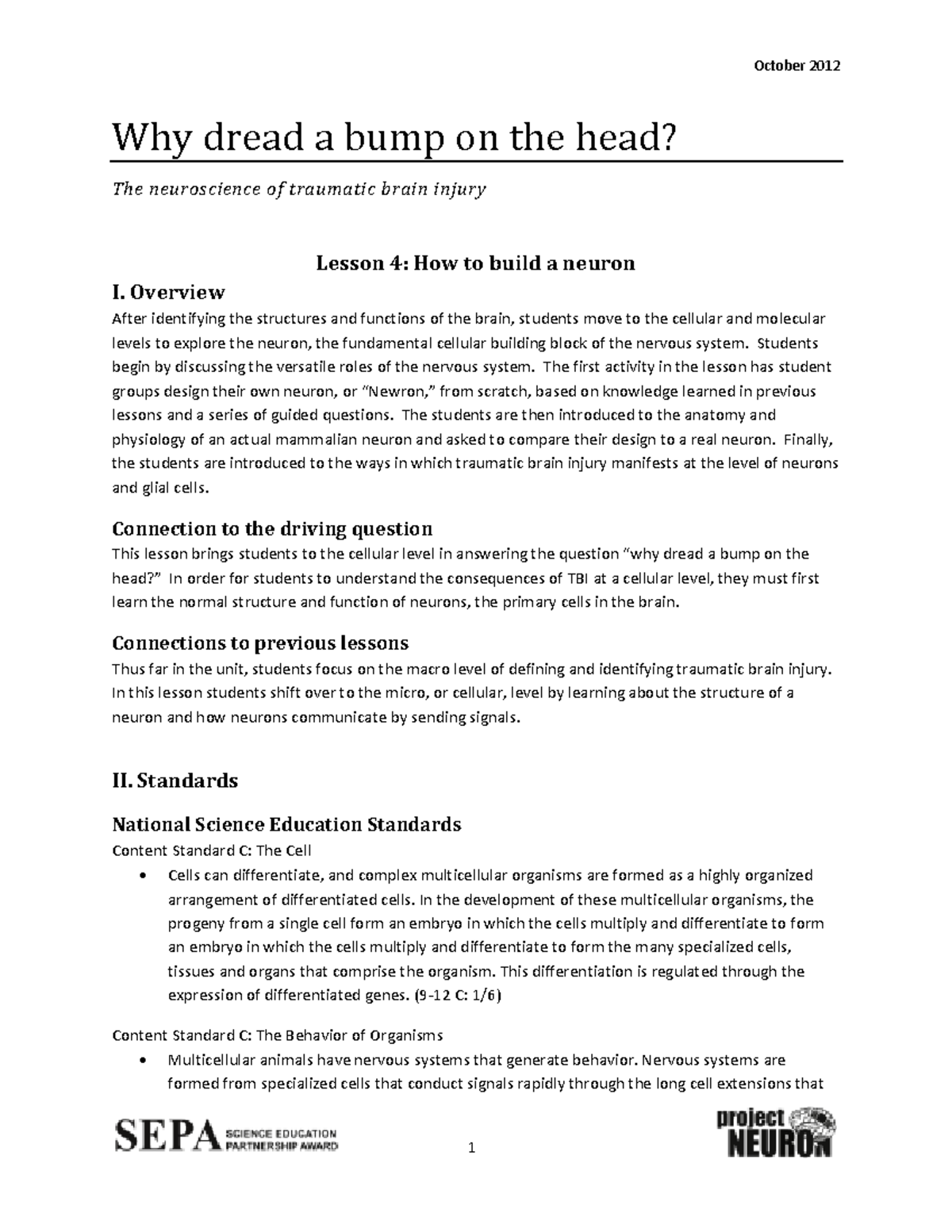 Lesson Plan FOR Neuron - Lecture notes - Why dread a bump on the head ...