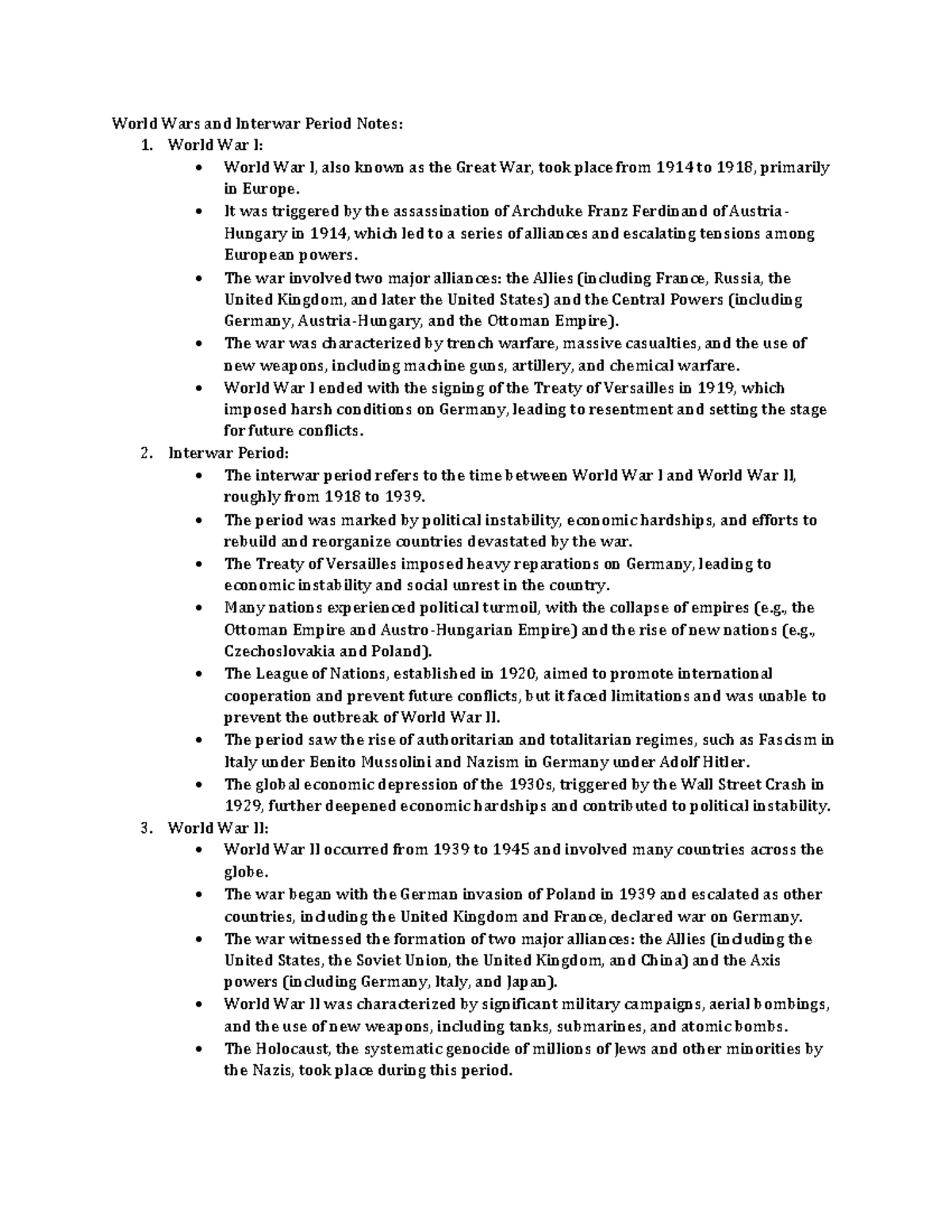 World Wars and Interwar Period Notes - World War I: - World War I, also ...