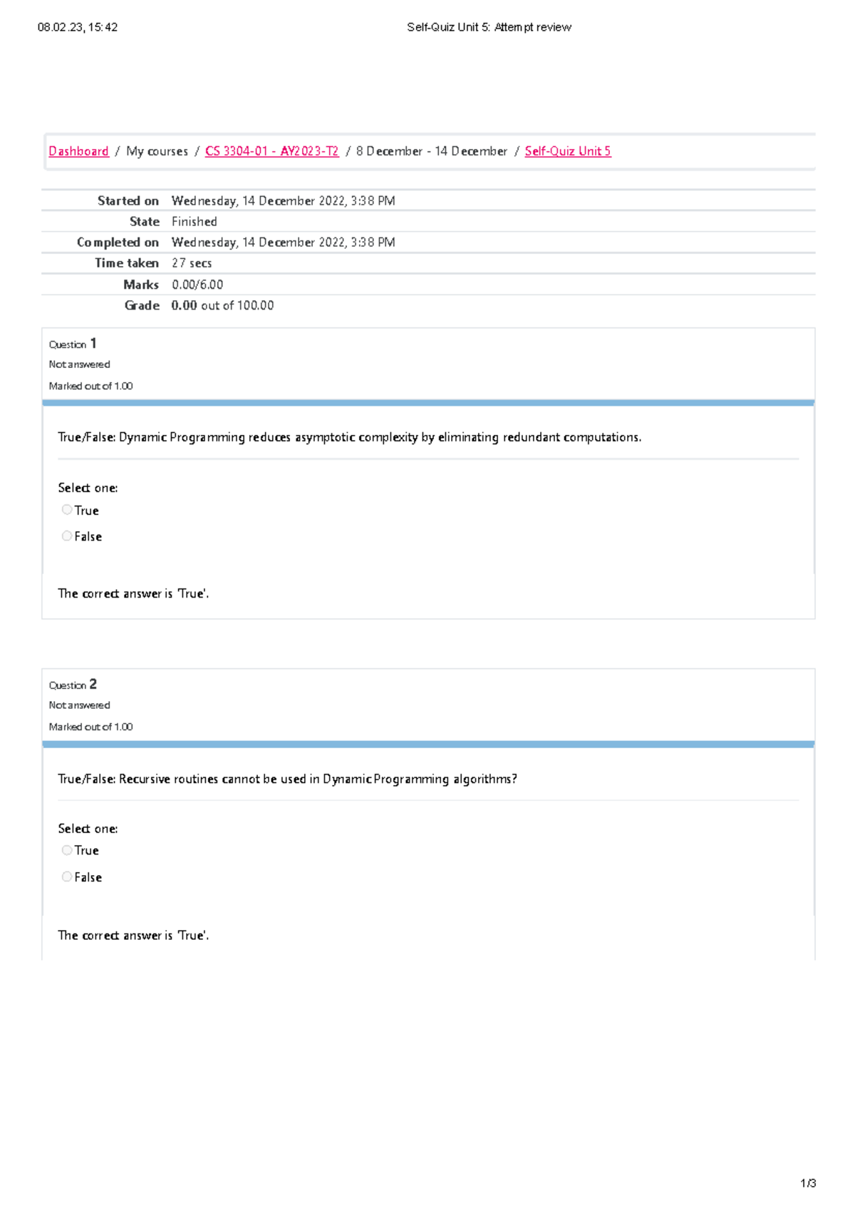 CS 3304 Analysis of algotithm Self Quiz unit 5 - 08.02, 15:42 Self-Quiz Unit 5: Attempt review ...
