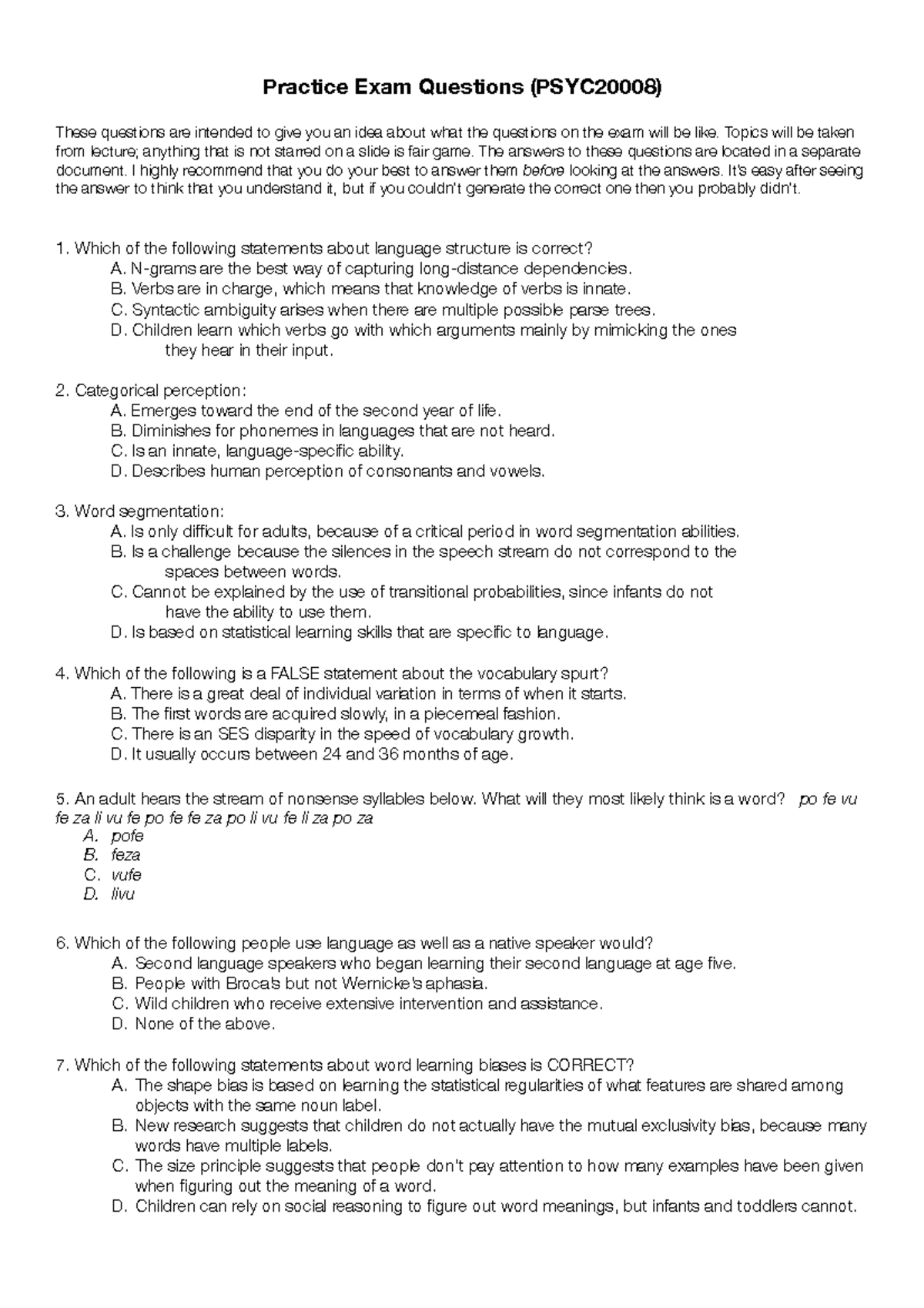 Exam June, questions - Practice Exam Questions These questions are ...