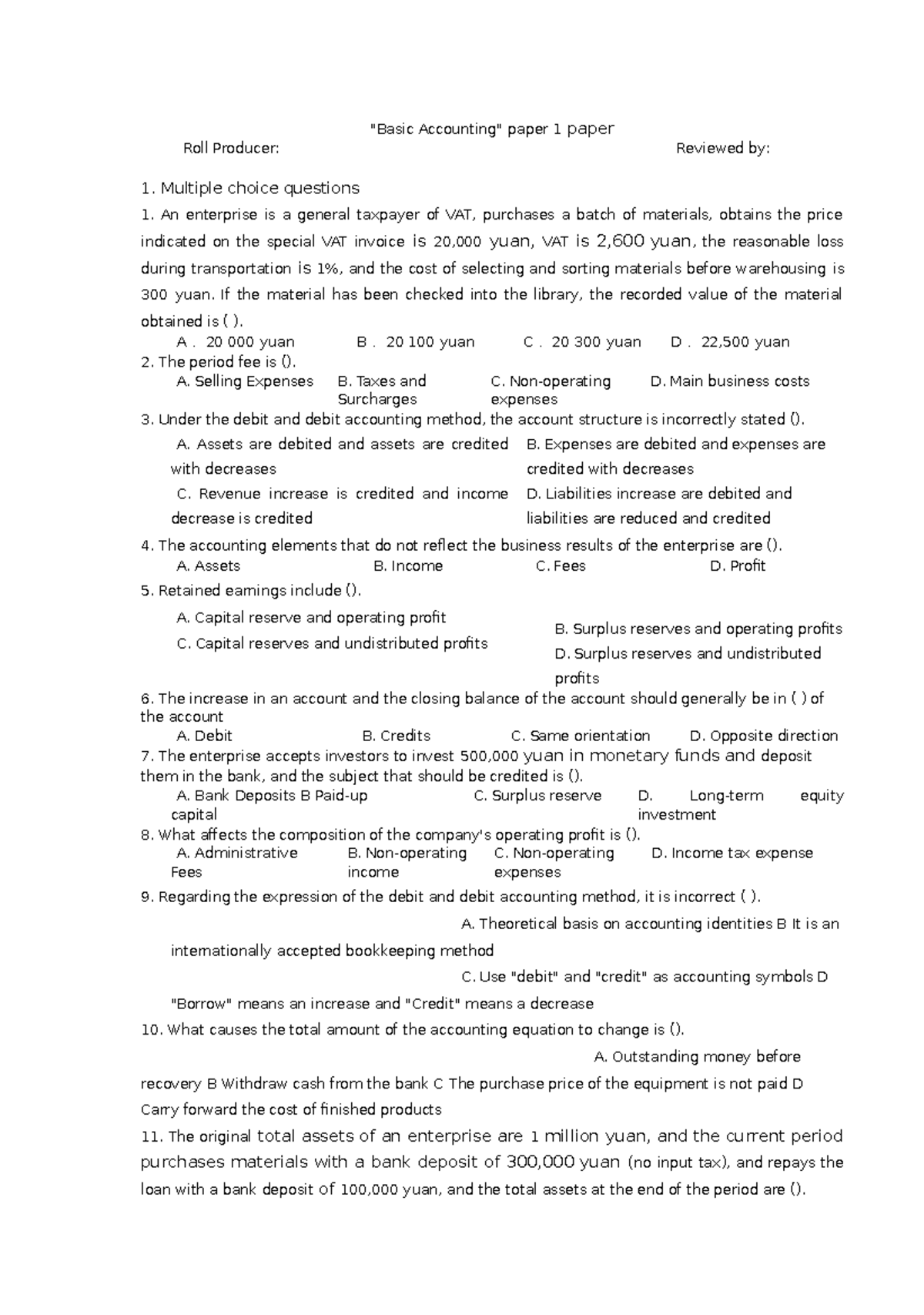 Basic Accounting paper 1 paper - "Basic Accounting" paper 1 paper Roll ...