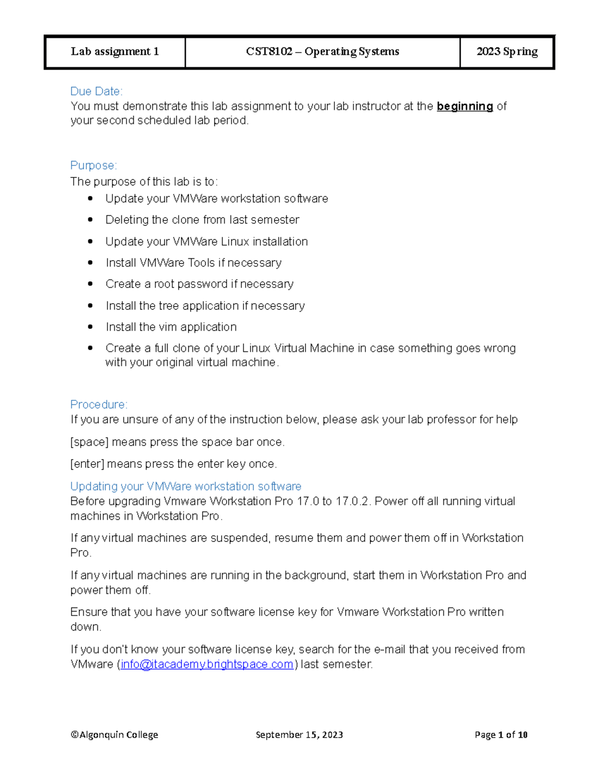 CST8102 Lab 1. Updating Workstation and Linux - Due Date: You must demonstrate this lab ...