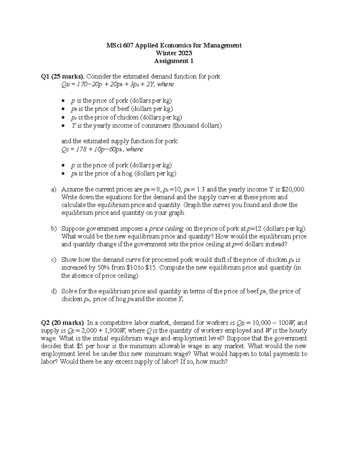 Assignment 1-ver1 - material - MSci 607 Applied Economics for ...