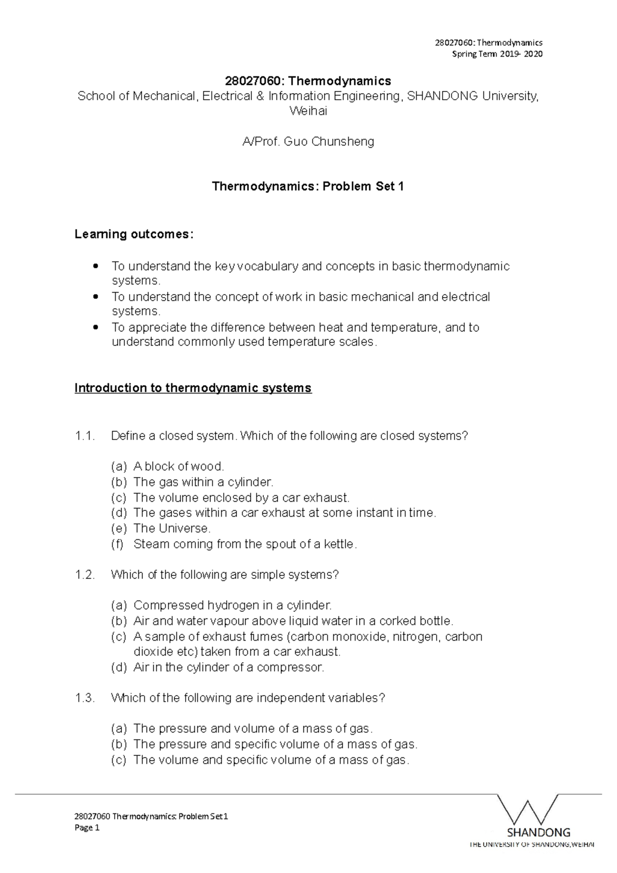 Problem set 1 - Dynamics and Thermodynamics - Spring Term 2019- 2020 ...