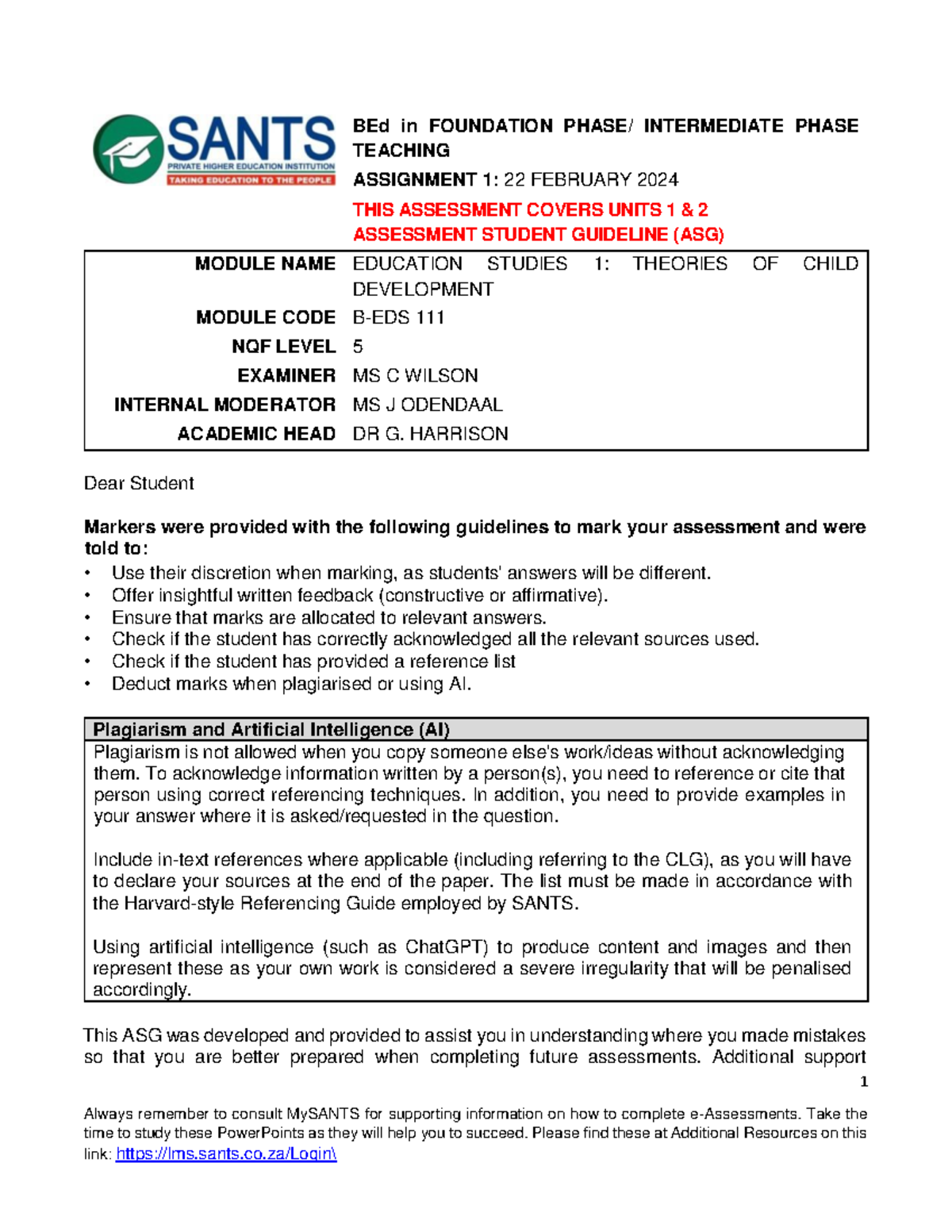 Theories Assignment 1 2023/2024 - 1 Always remember to consult MySANTS ...