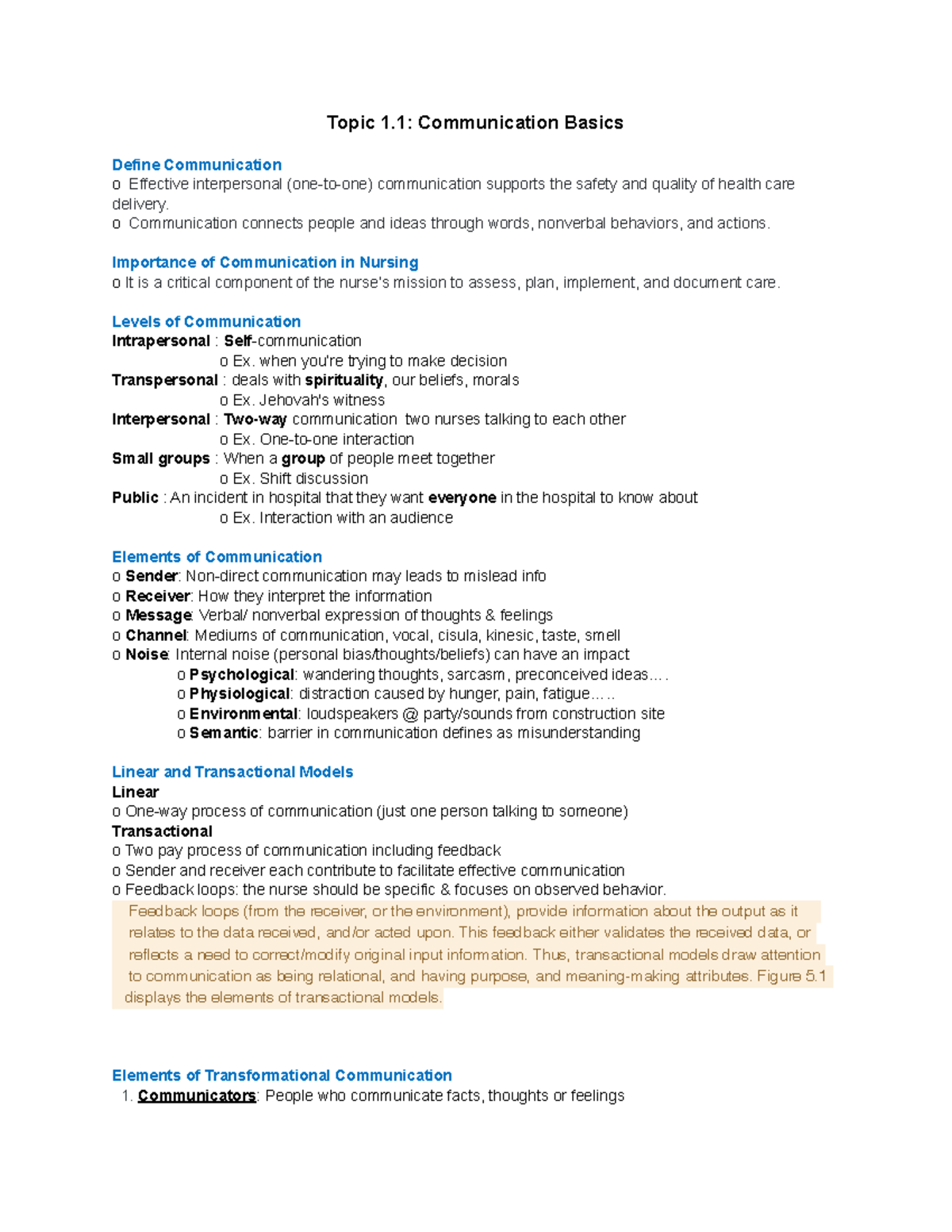 Nursing Communication 1000 Midterm Notes - Topic 1: Communication ...