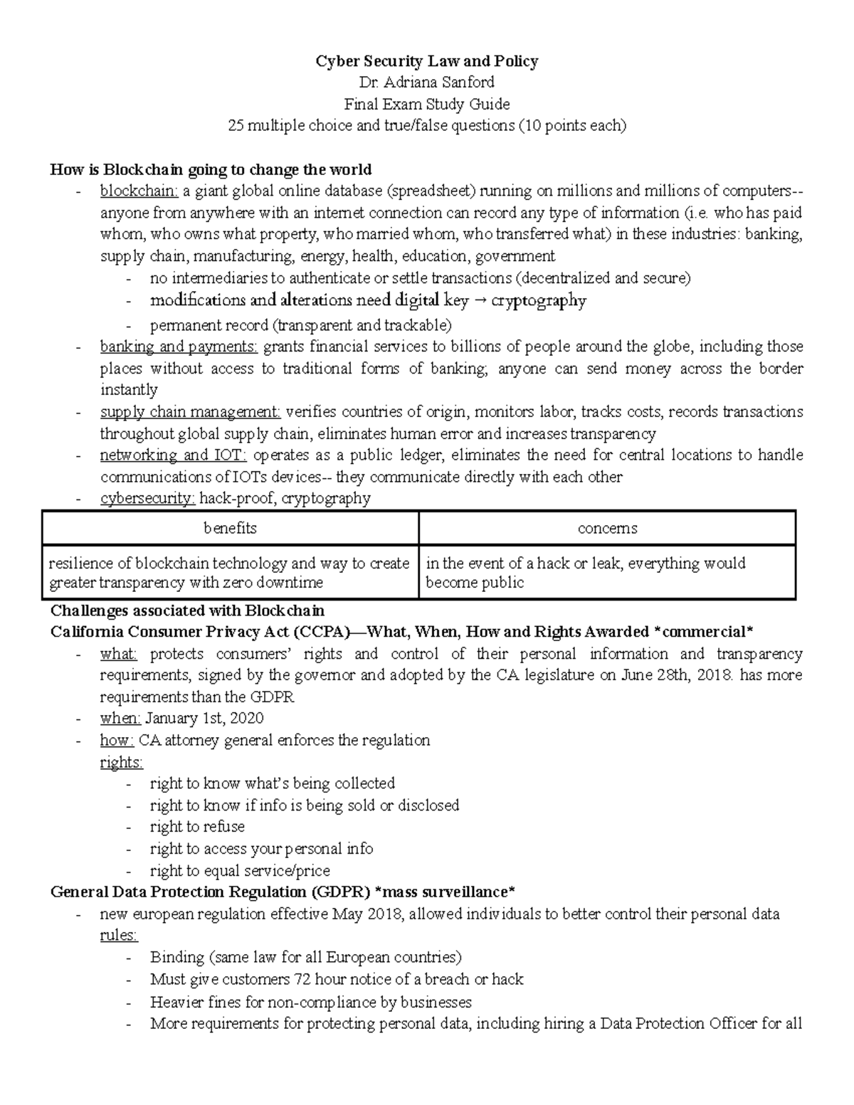 Cybersecurity Final - Lecture notes All - Cyber Security Law and Policy ...